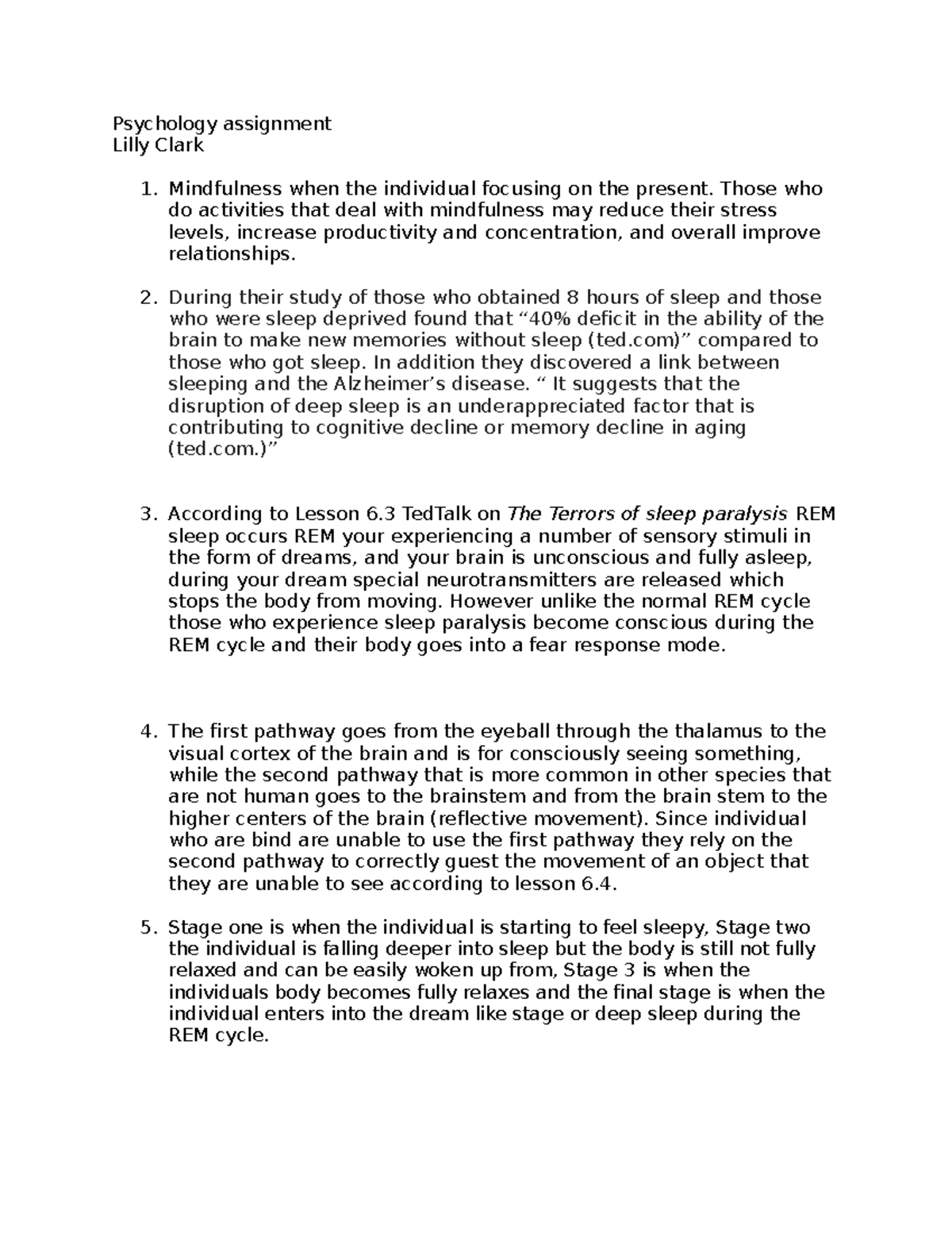 Psychology assignment - PSY 1100 - Sinclair - Studocu