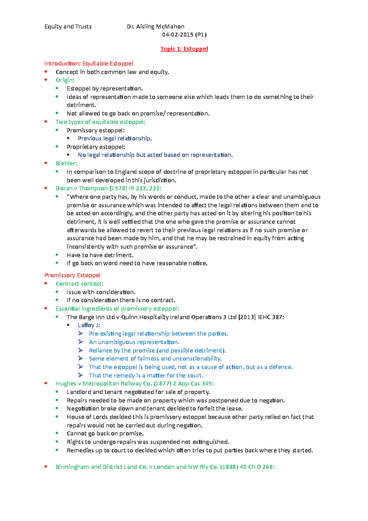Lecture 1- 04-02-2019 (P1) - 04-02-2019 (P1) Topic 1: Estoppel ...