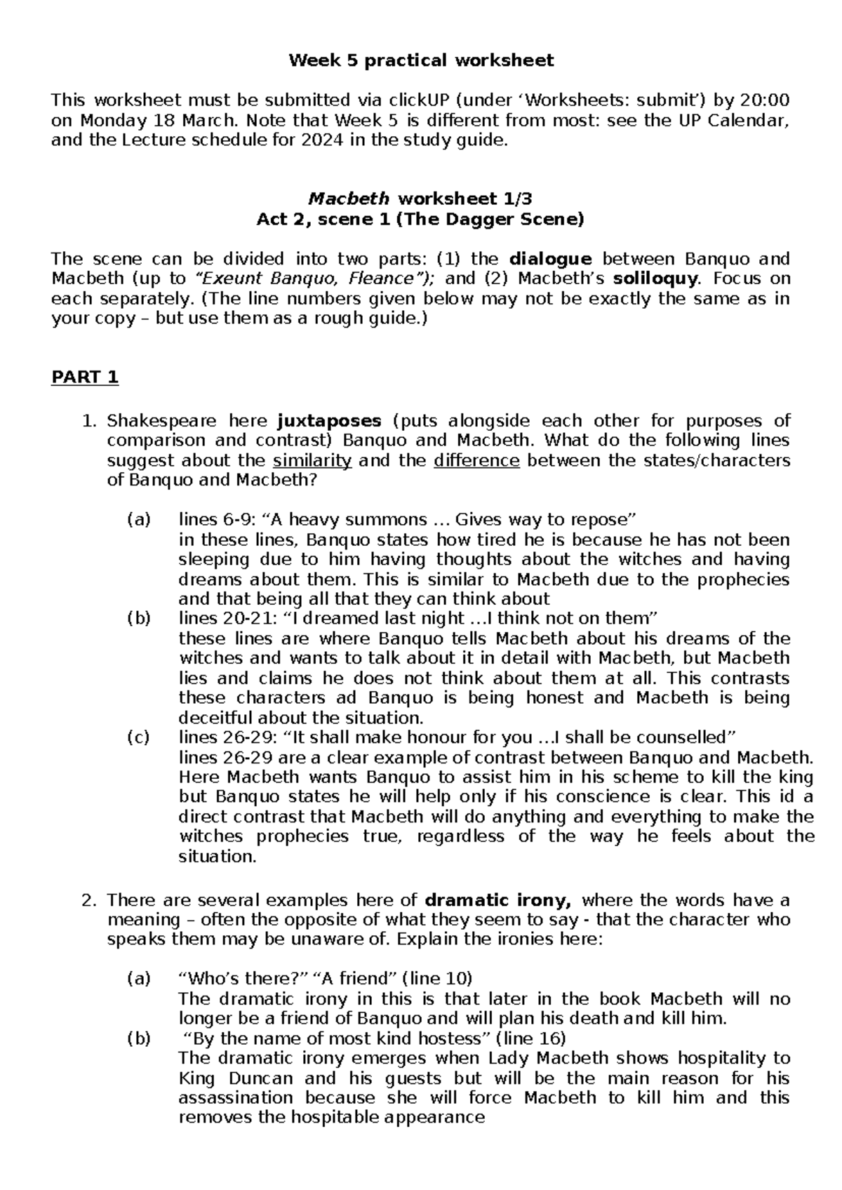 Week 5 worksheet Macbeth 1 of 3 2024 - Week 5 practical worksheet This ...