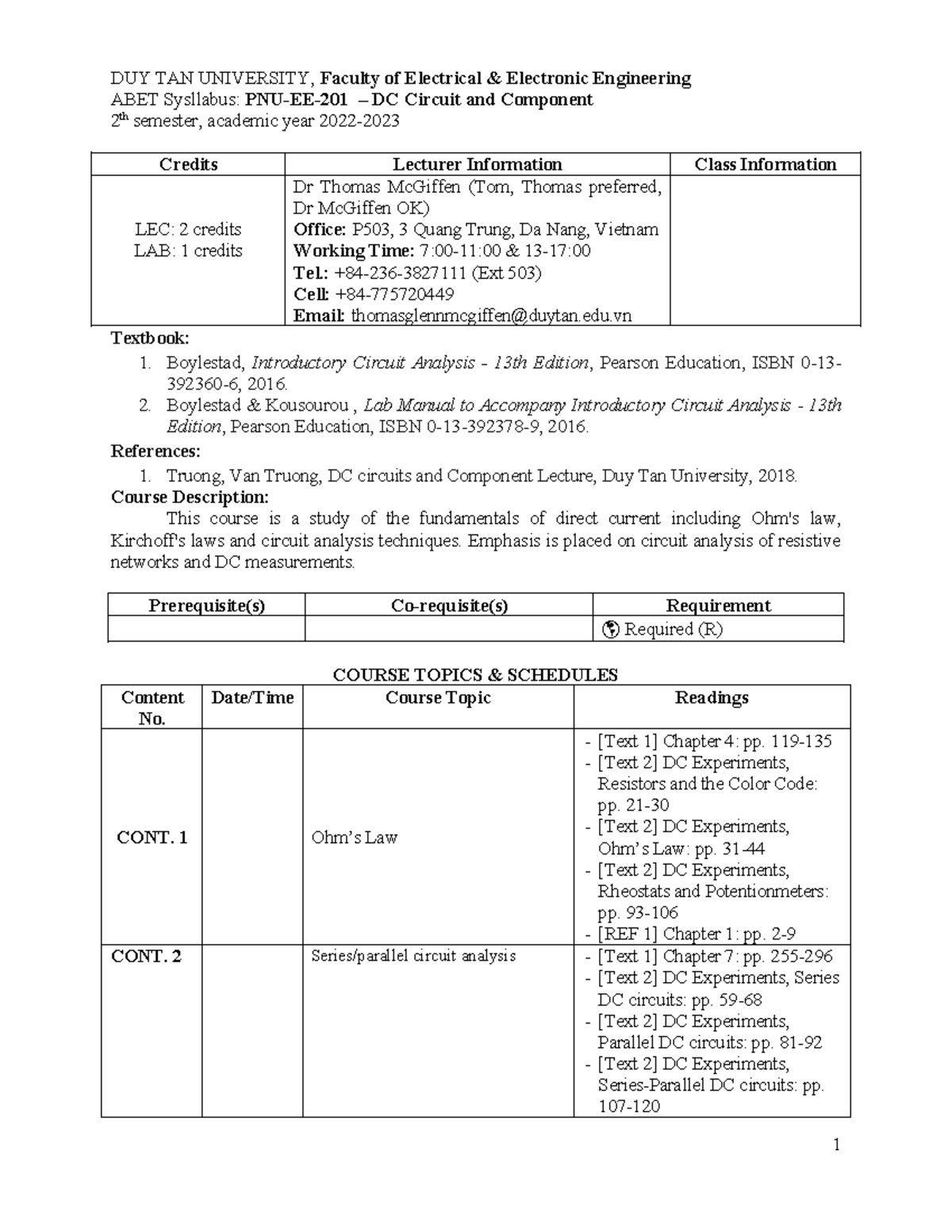 PNU-EE-201 DC Syllabus Tom 2023 - DUY TAN UNIVERSITY, Faculty of Electrical & Electronic - Studocu