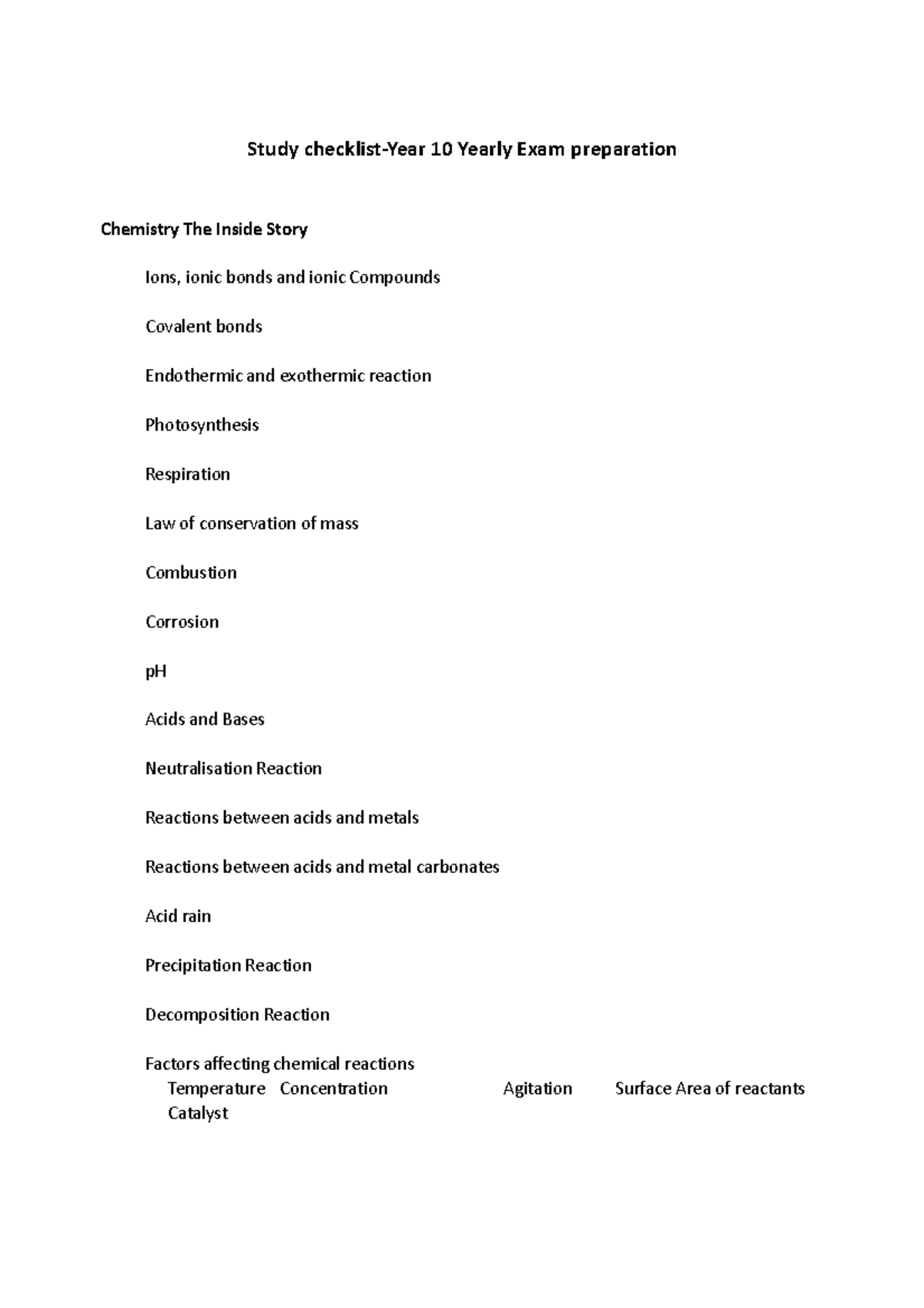 Study Check List Yearly Exam - Study checklist-Year 10 Yearly Exam ...