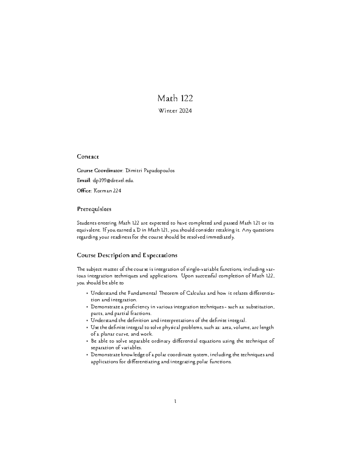 Calc - Syllabus - Math 122 Winter 2024 Contact Course Coordinator ...