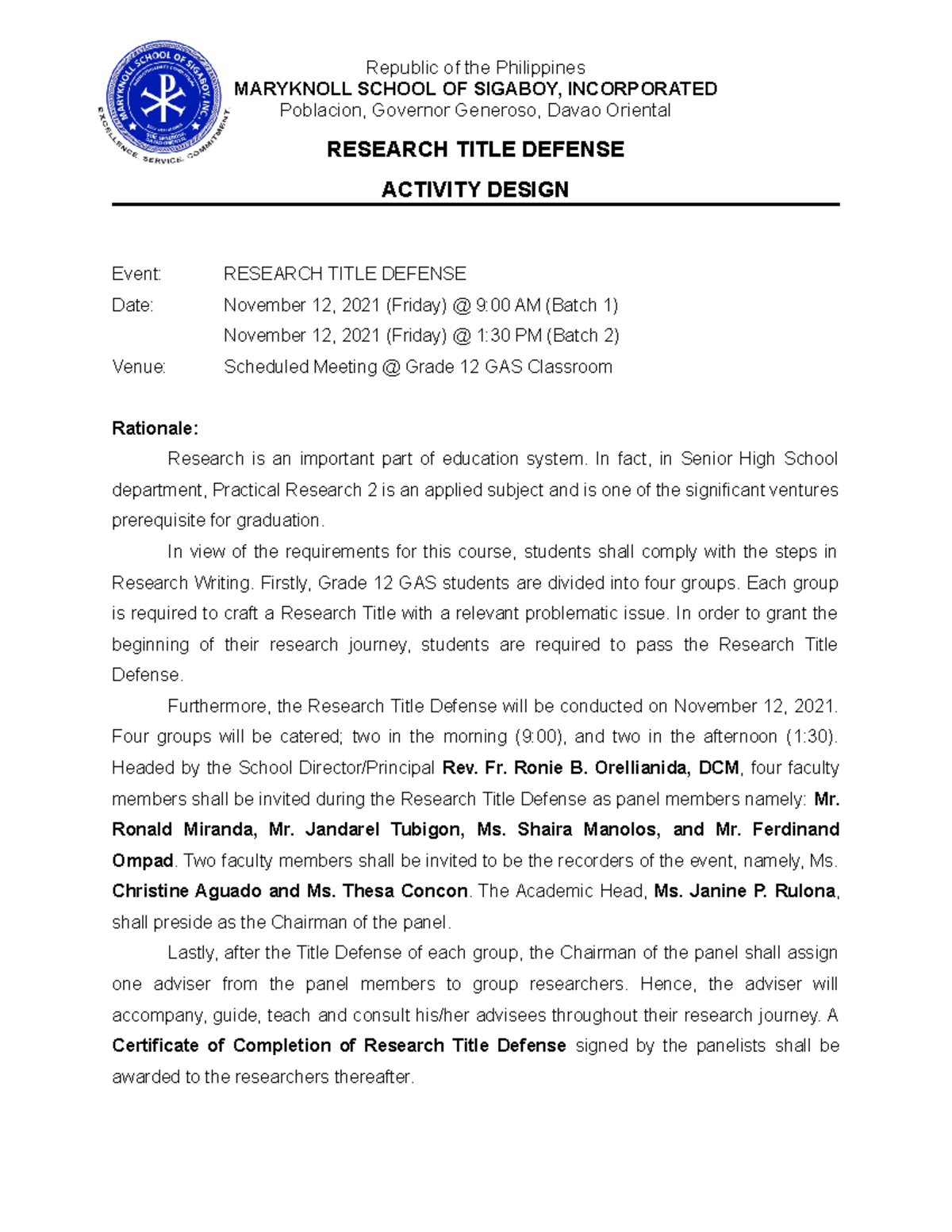 Act.Design Title Defense - Republic of the Philippines MARYKNOLL SCHOOL ...