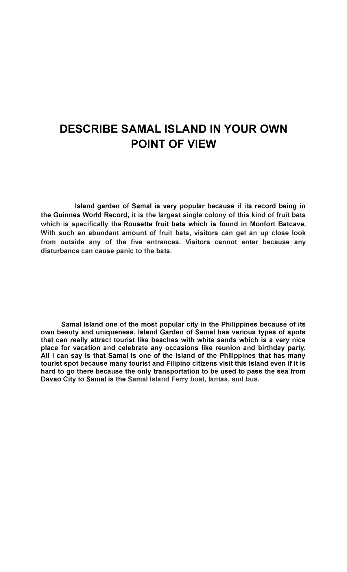Samal-1 - Informational - DESCRIBE SAMAL ISLAND IN YOUR OWN POINT OF ...