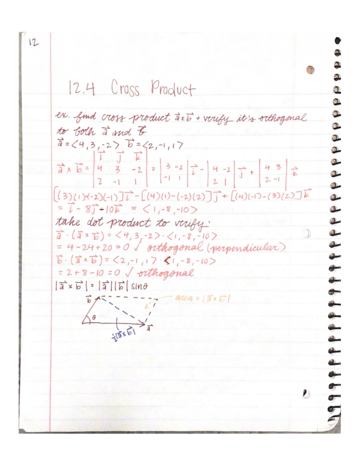 Math notes 12.1-14.3 - 12 12 Cross Product ex. find cross product ...
