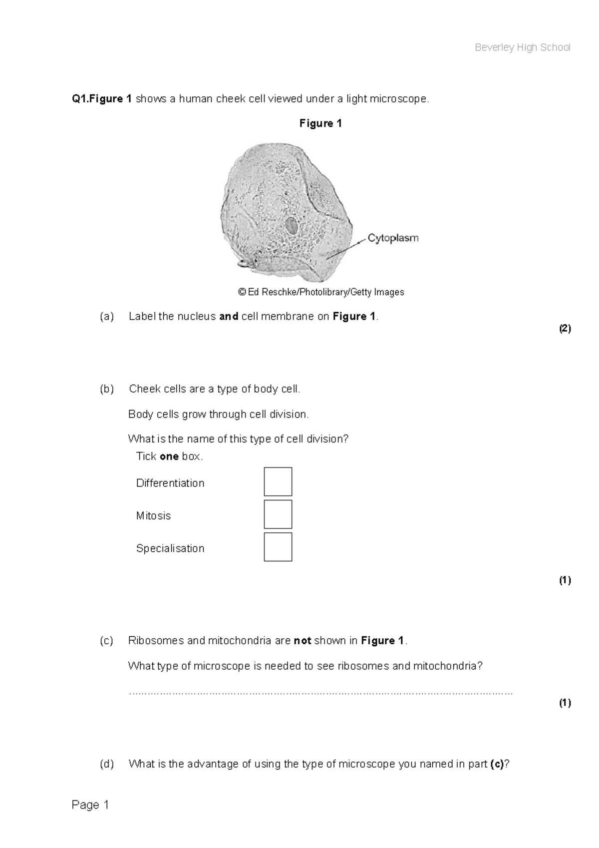 Topic 1 - Cell Biology exam questions and mark schemes - Q1 1 shows a ...