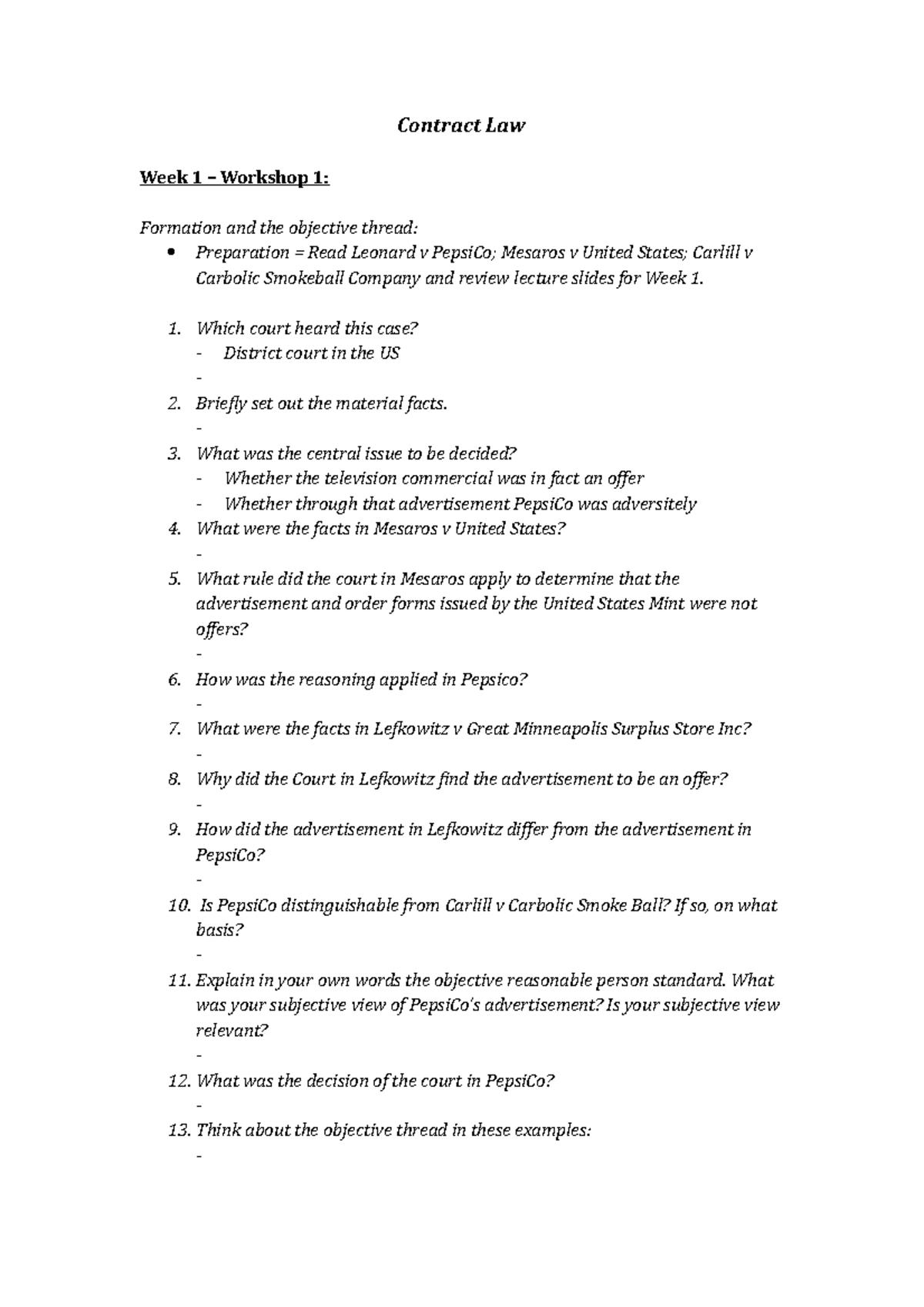 Contract Law - workshop activity week 1 semester 1 - Contract Law Week ...