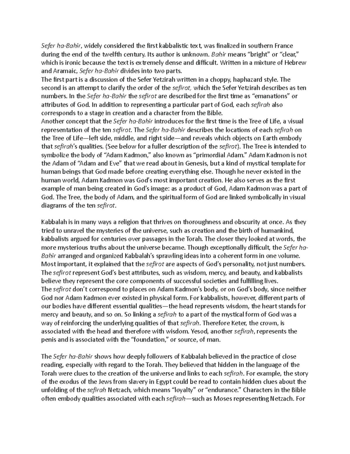 Philosophy 394 - Lecture Book Notes - Sefer ha-Bahir, widely considered ...