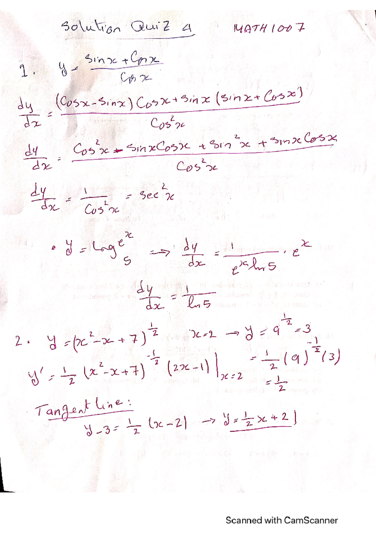 Quiz 4 (Solutions) - Quiz 4 Answers - Math 1007 - solution Quiz 4 MATH 1007 1. y Sinx Cox Cr x ...
