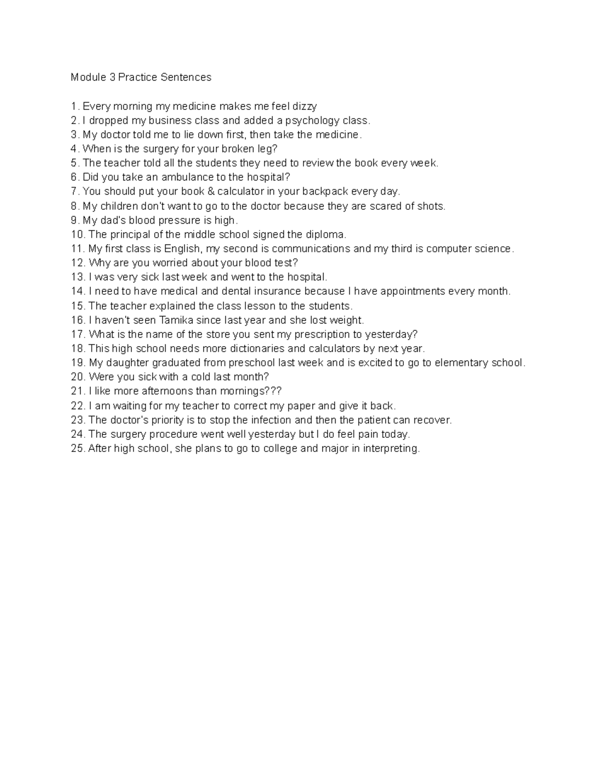 Module 3 Sentences - Module 3 Practice Sentences Every morning my ...