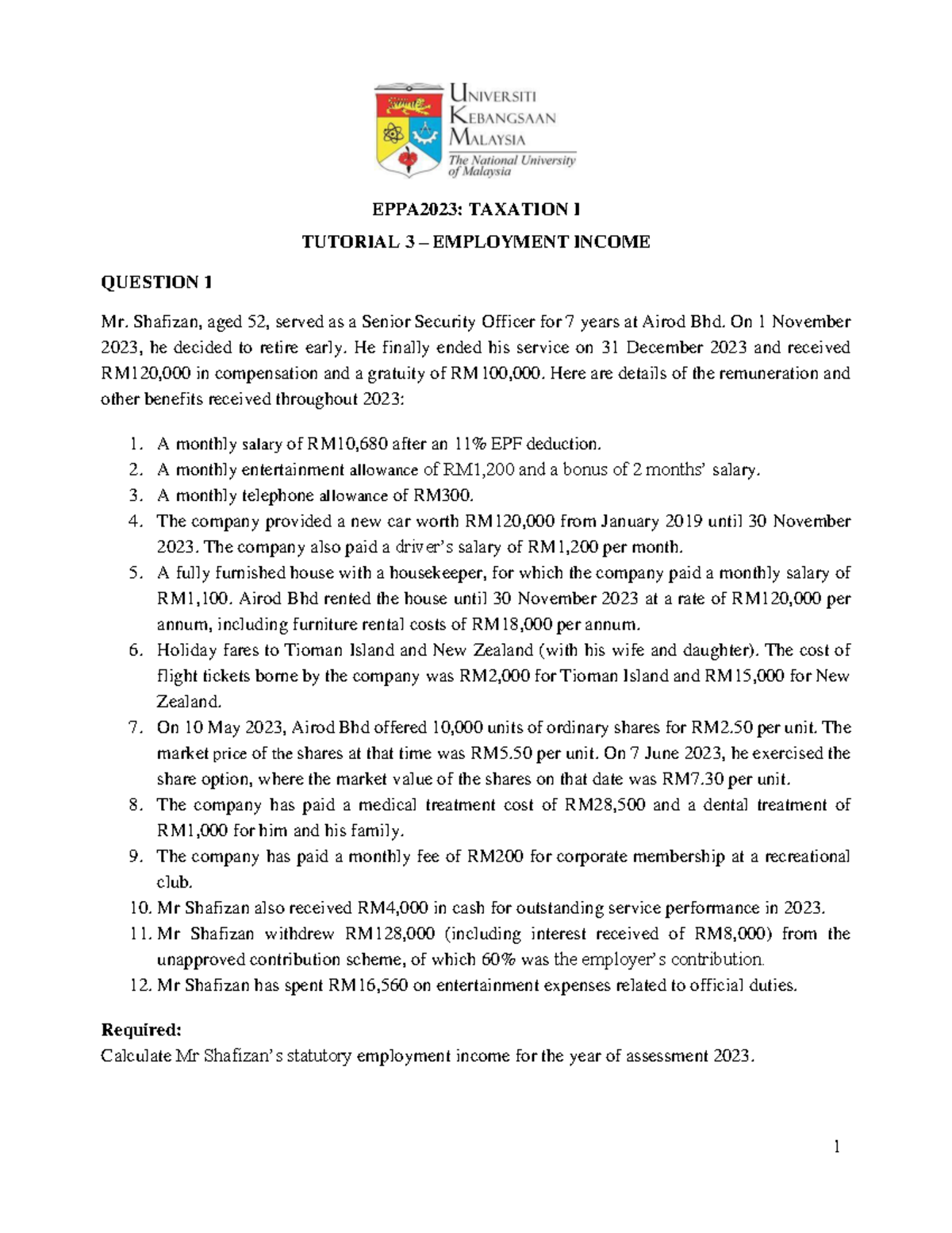 Tutorial Chapter 3 Eppa2023 Taxation I Tutorial 3 Employment Income Question 1 Mr Shafizan