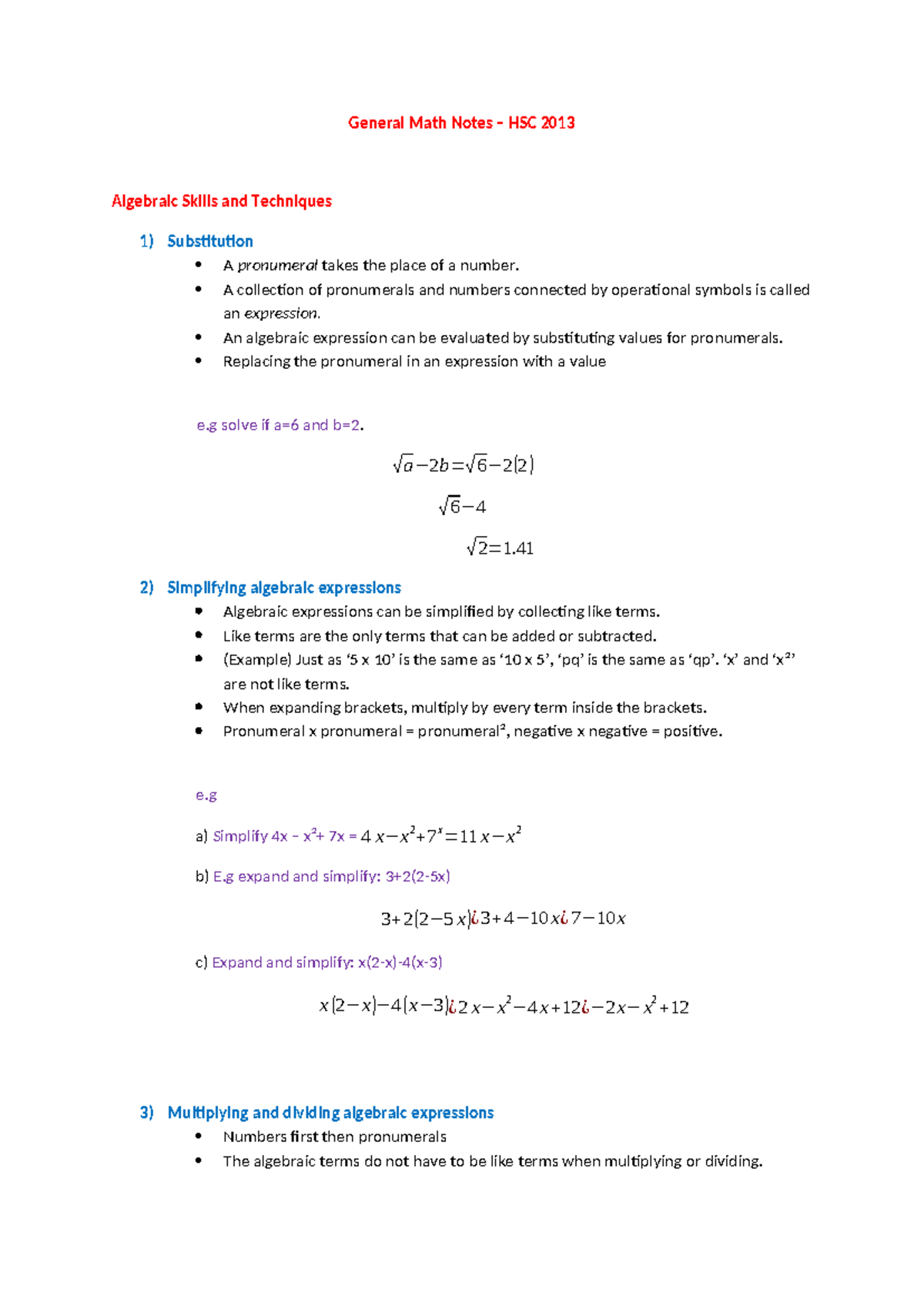 Maths General Notes - General Math Notes – HSC 2013 Algebraic Skills ...