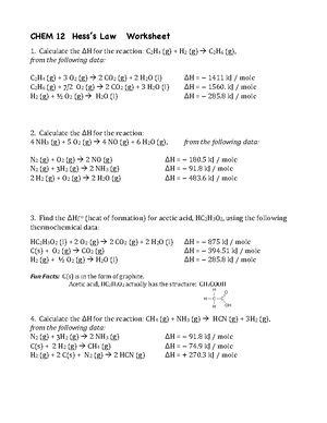 Hess Law Worksheet - Hess's Law WS with answers - Chemistry 120 Hess’s ...