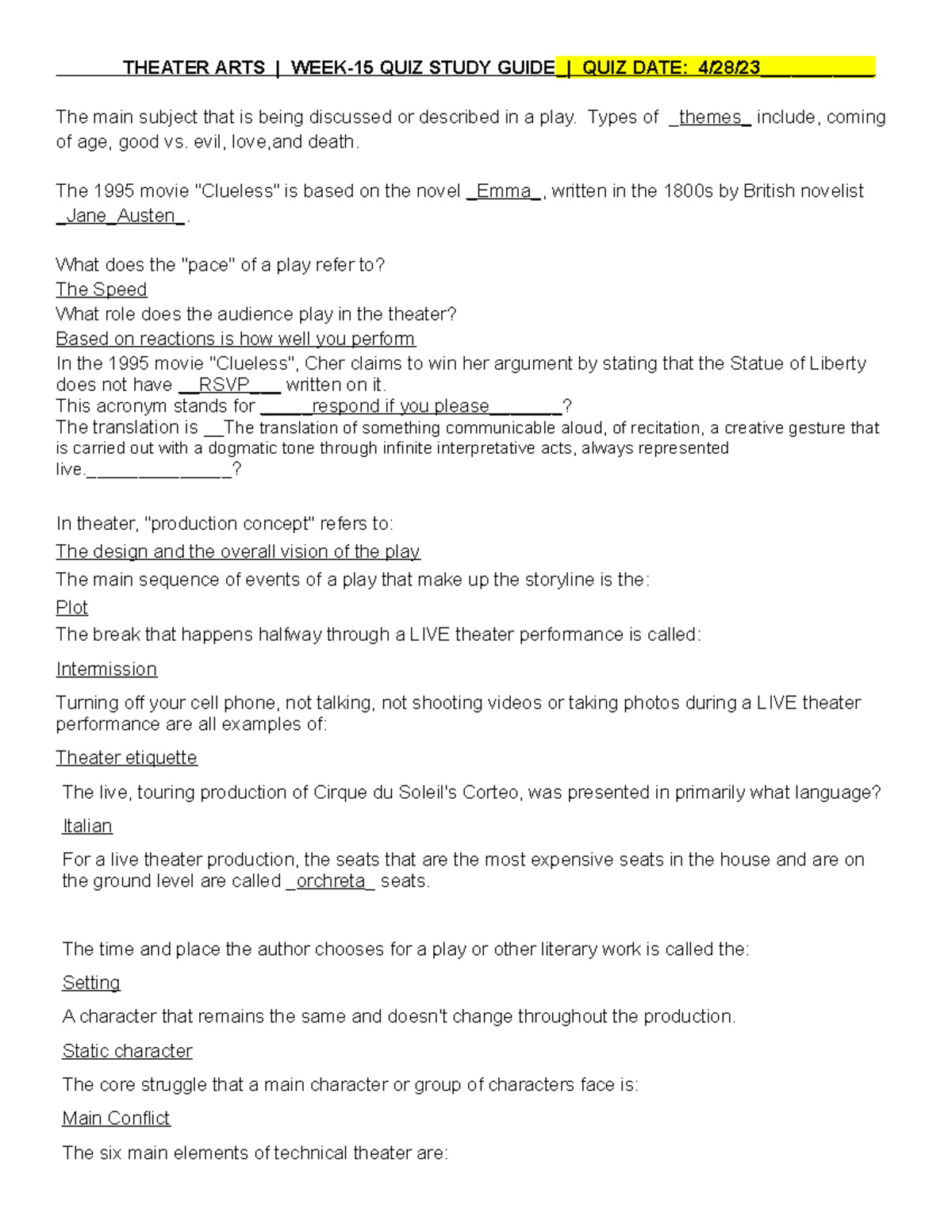 Week 15 Study Guide - THEATER ARTS | WEEK-15 QUIZ STUDY GUIDE_| QUIZ ...