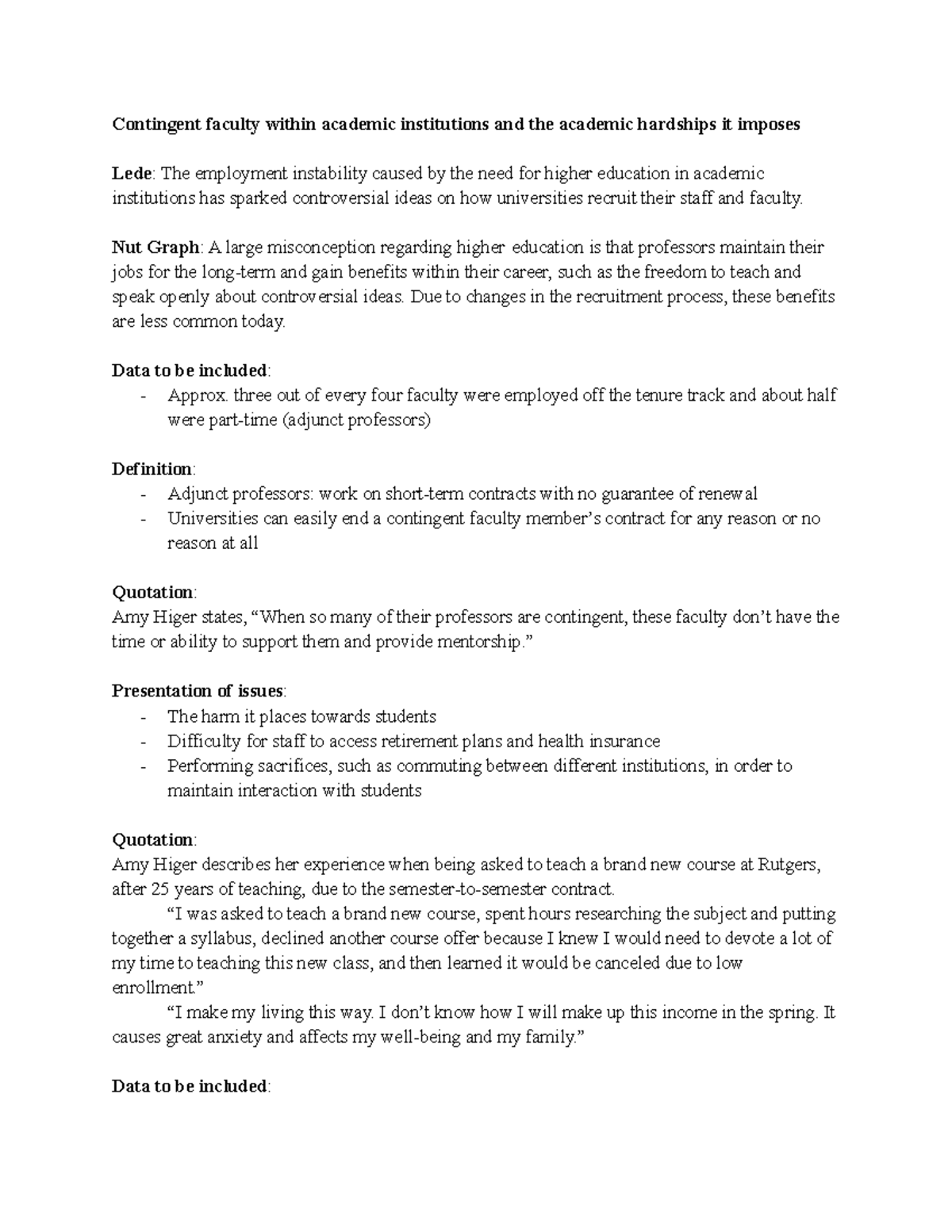 Major Writing Assignment 2 Story Outline-2 - Contingent faculty within ...