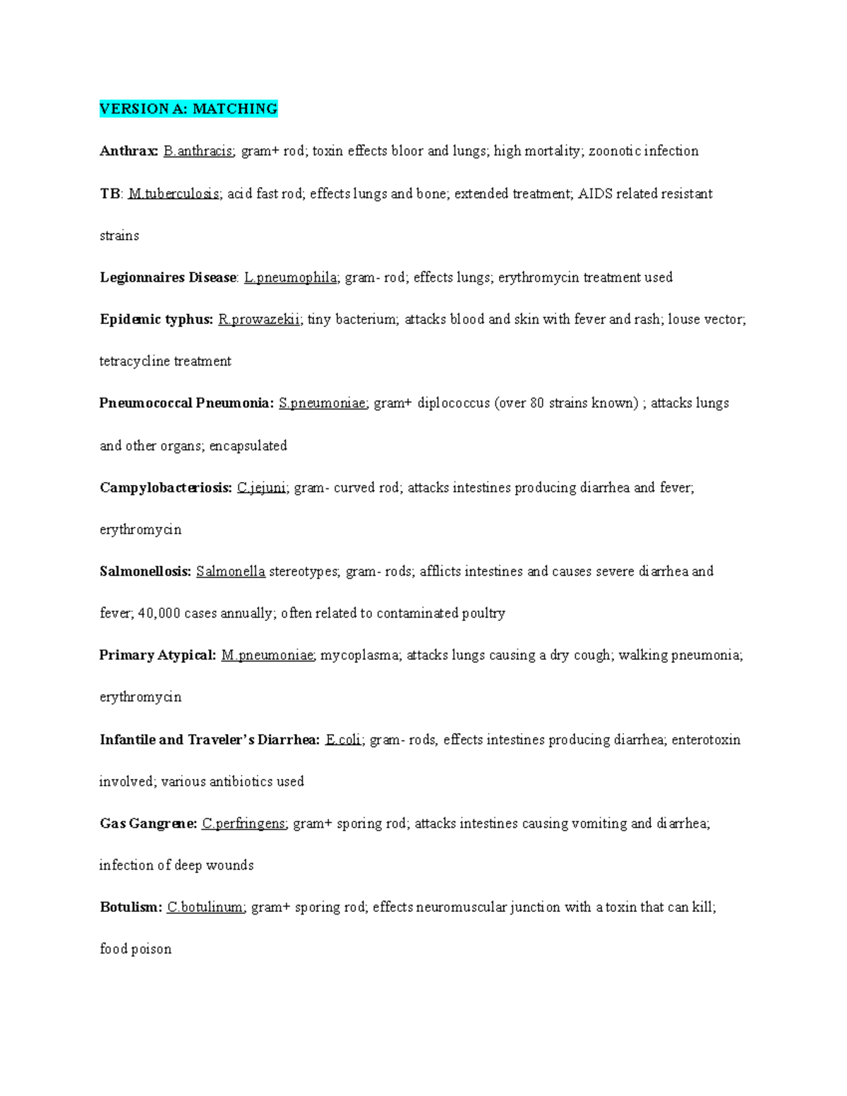 Microbiology - Practice questions - VERSION A: MATCHING Anthrax: B ...