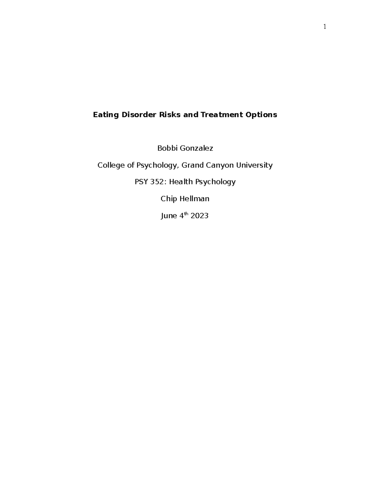 Binge eating disorder paper finished - PSY-352 - GCU - Studocu
