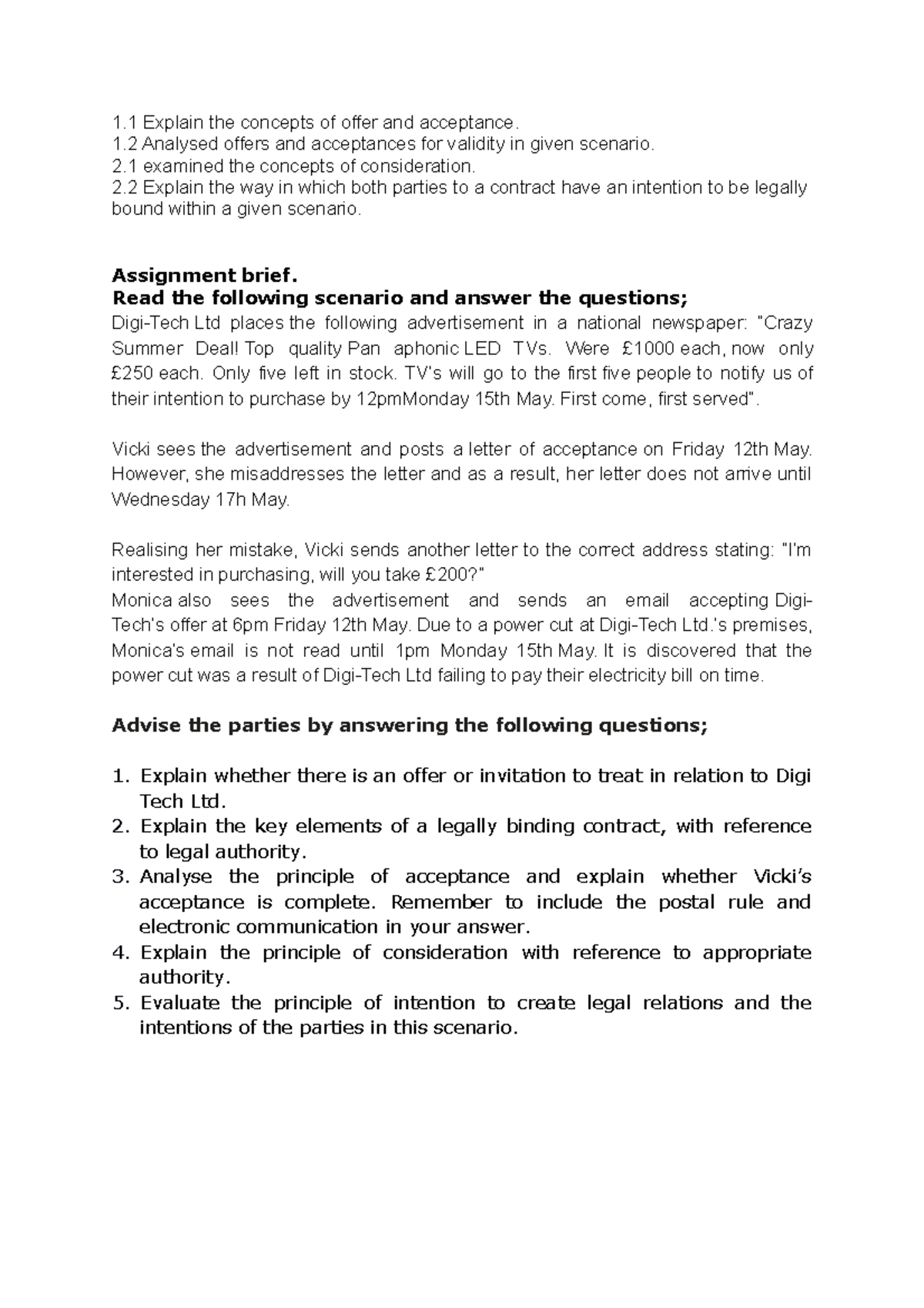 Contract law Assignment - 1 Explain the concepts of offer and ...