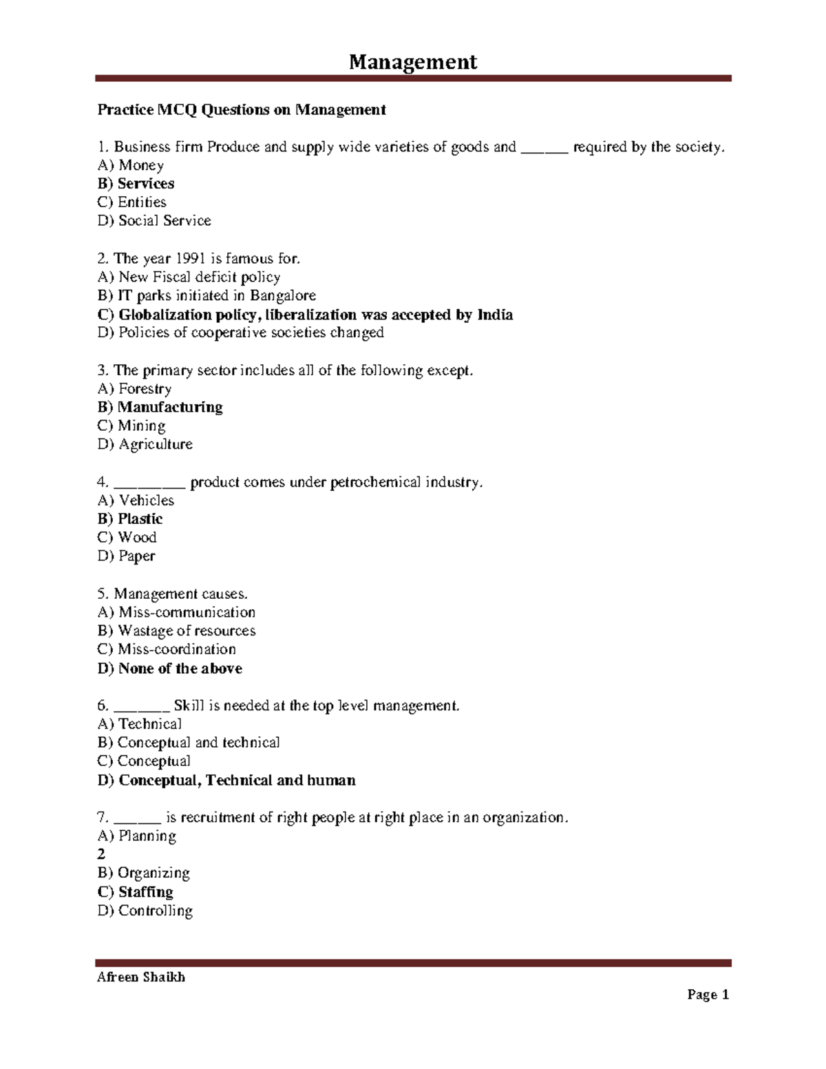 Practice MCQ Questions on Management - Afreen Shaikh Practice MCQ ...