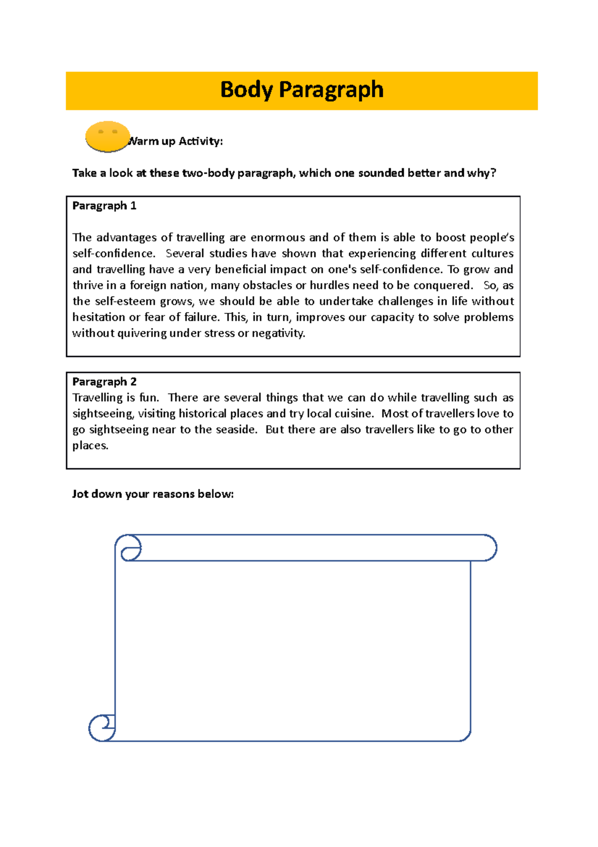 NMN Body Paragraph - Body Paragraph Warm up Activity: Take a look at ...