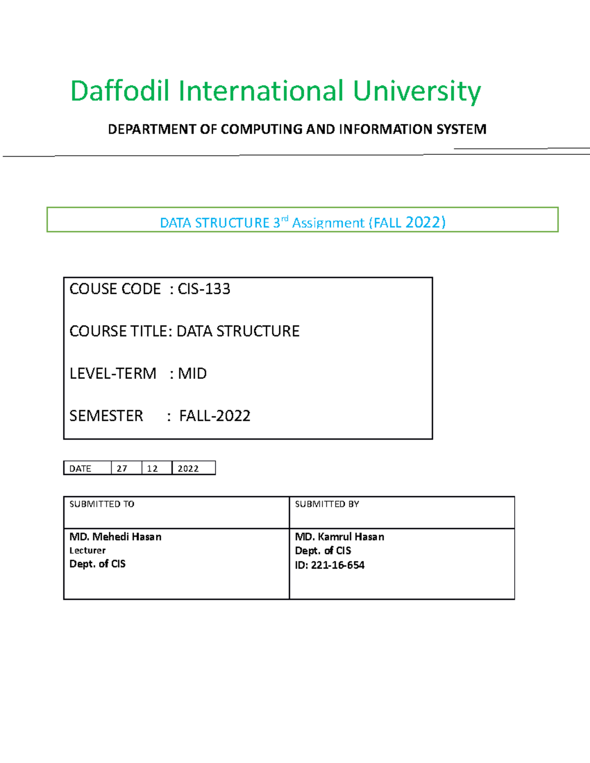 221-16-654 3rd Assignment on Data structure - Daffodil International ...