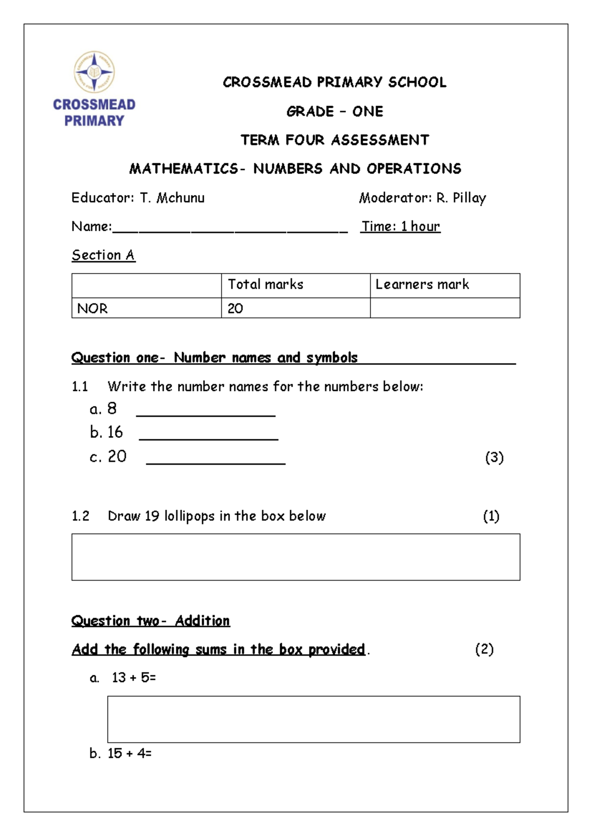 NOR TERM 2 - grade 1 maths - CROSSMEAD PRIMARY SCHOOL GRADE – ONE TERM ...