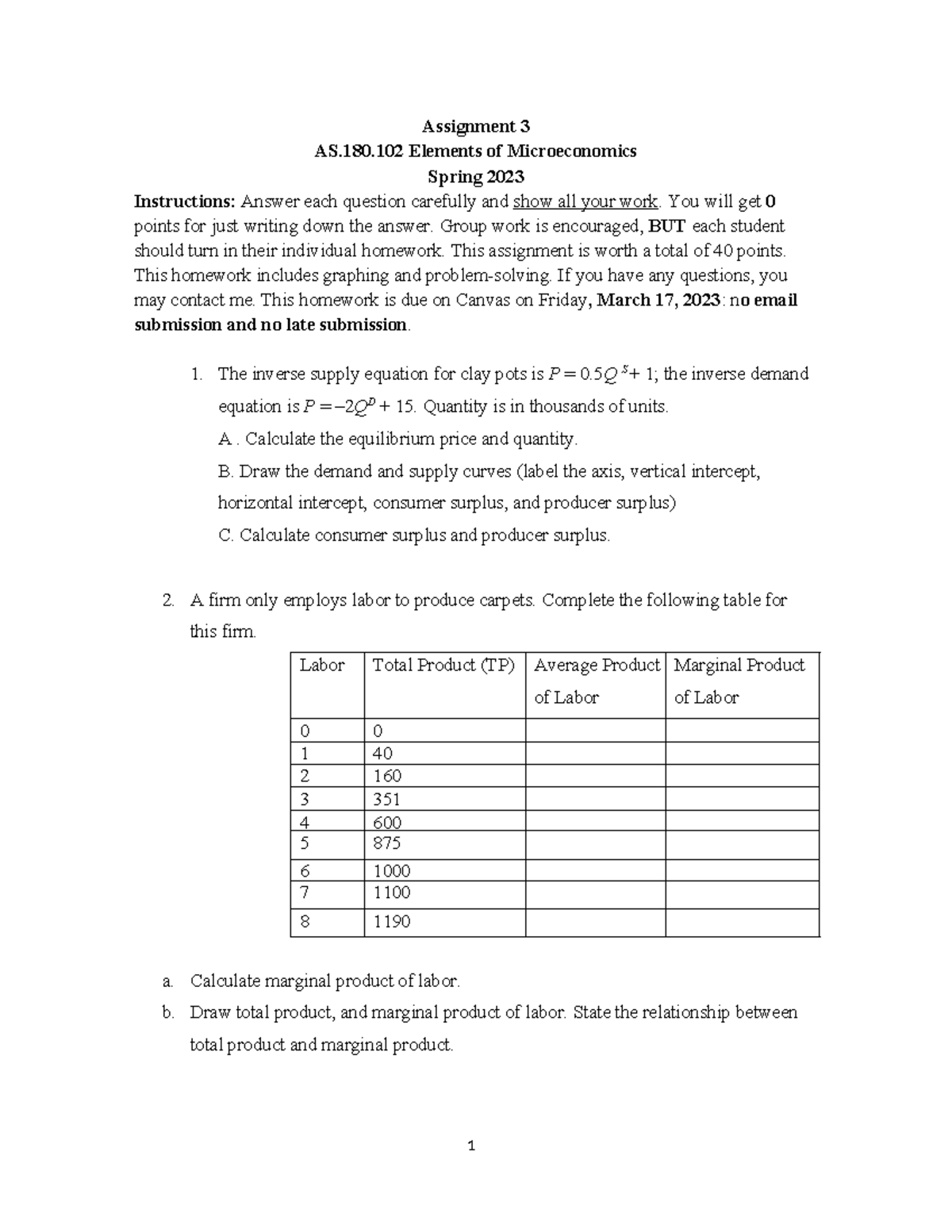 Econ102 Assignment 3 - ECON HW - 1 Assignment 3 AS.180 Elements of Microeconomics Spring 2023 ...