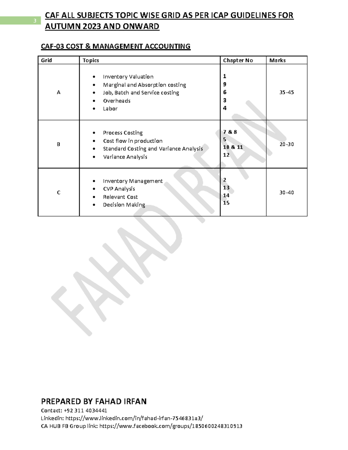 caf 3- caf 3 grid - PREPARED BY FAHAD IRFAN Contact: +92 311 4034441 Linkedin: - Studocu