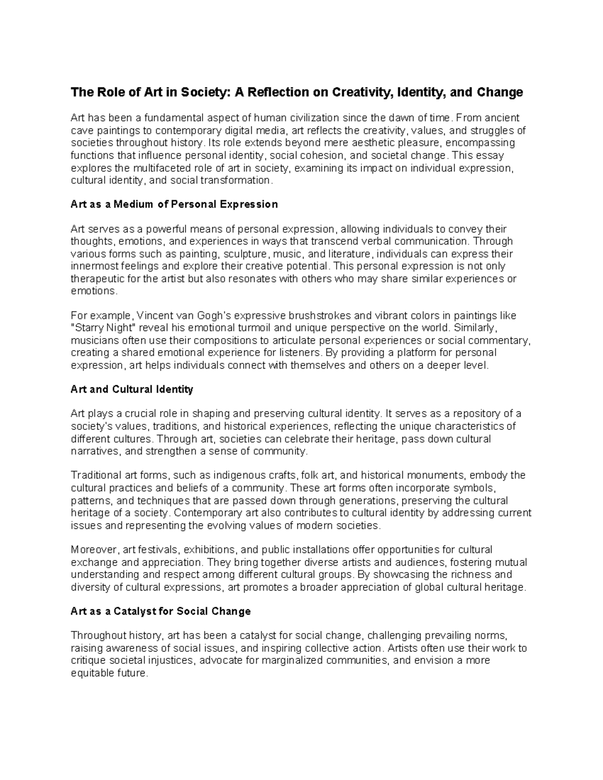 The Role of Art in Society A Reflection on Creativity, Identity, and ...