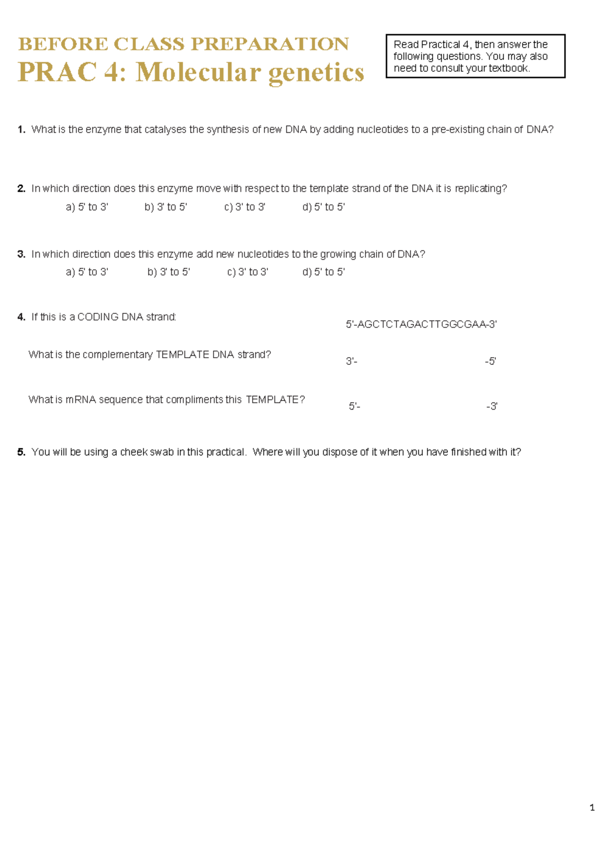 BIOL1020 Prac 4 - PCR - ####### Read Practical 4, then answer the ...