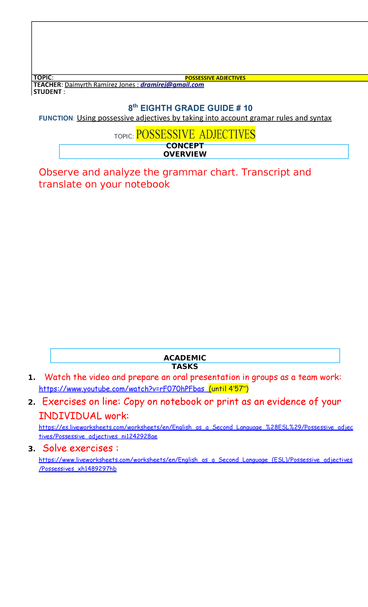 8th Eighth Guide#10-23 - TOPIC: POSSESSIVE ADJECTIVES TEACHER: Daimyrth ...