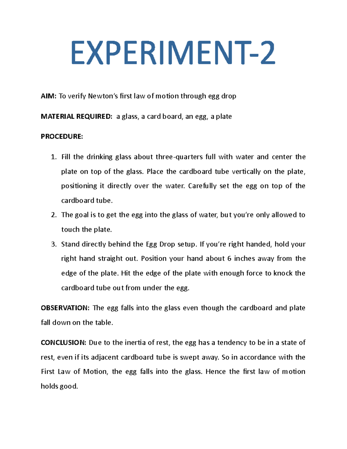 Experiment 2 - AIM: To verify Newton’s first law of motion through egg ...