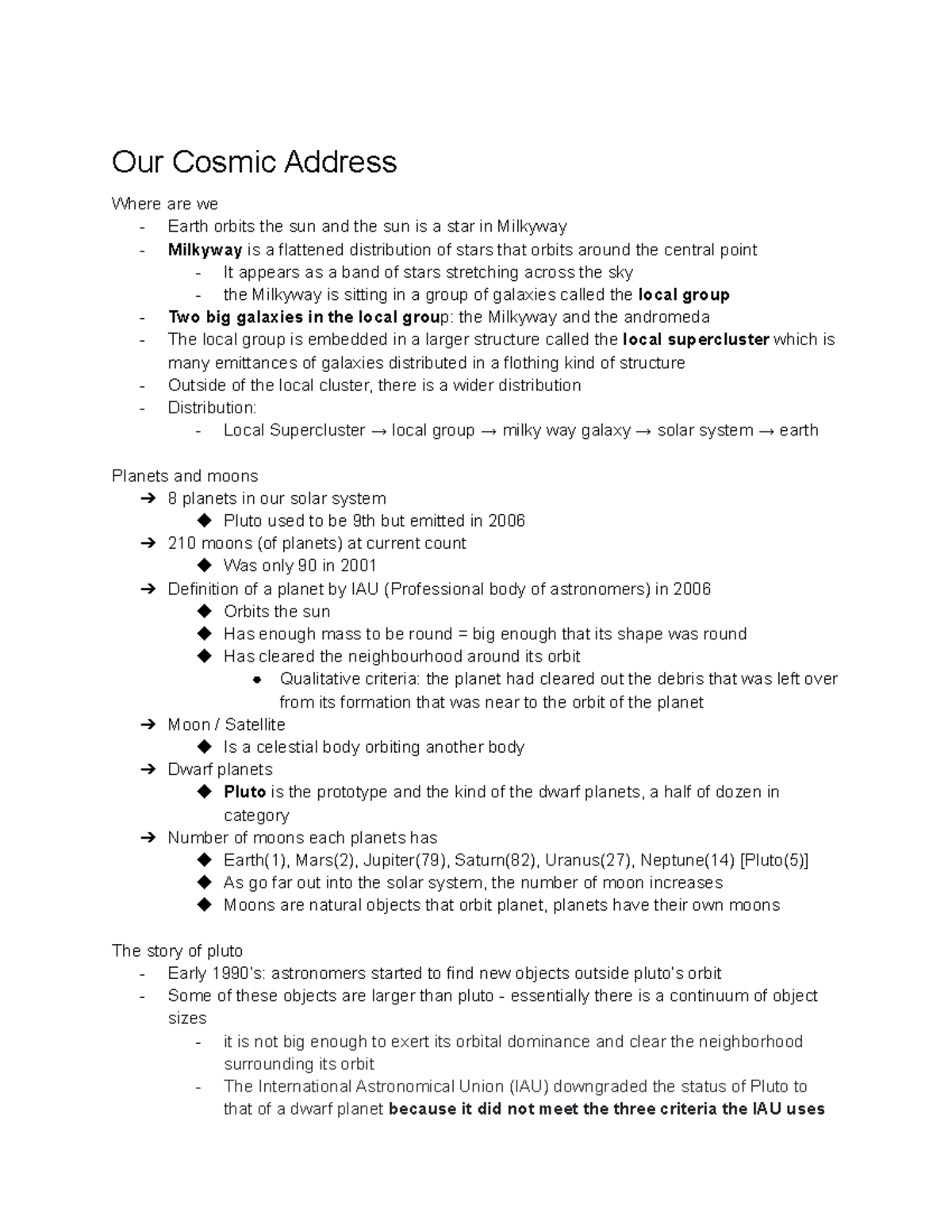 PHYC10008 1-6 - Summary - Our Cosmic Address Where are we - Earth ...