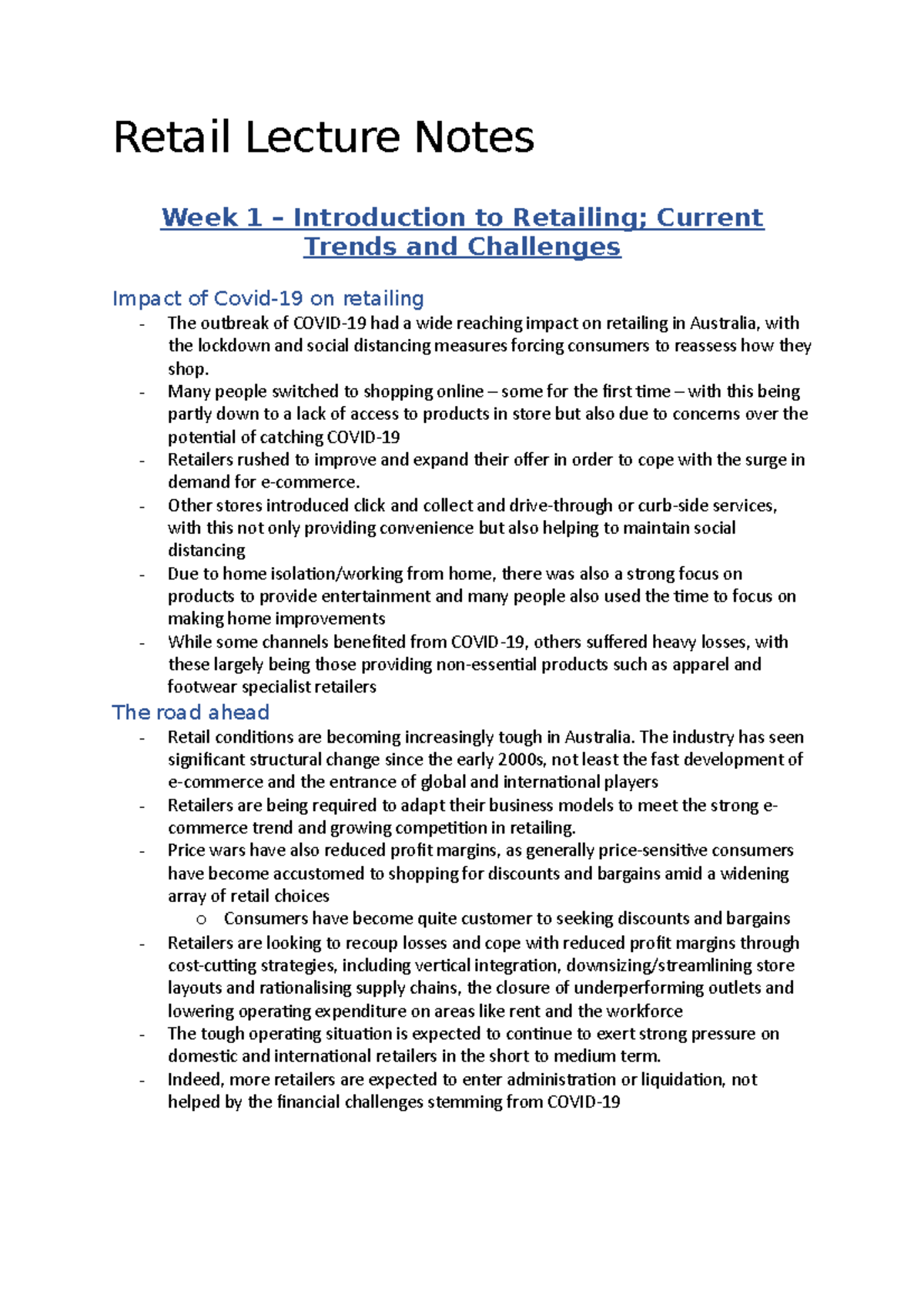 Retail Lecture Notes - Retail Lecture Notes Week 1 – Introduction to ...