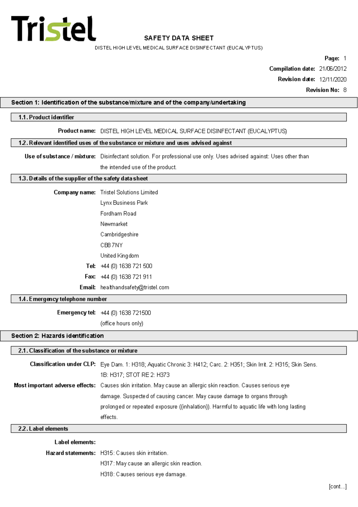 SDS Distel High Level Medical Surface Disinfectant (Eucalyptus ...