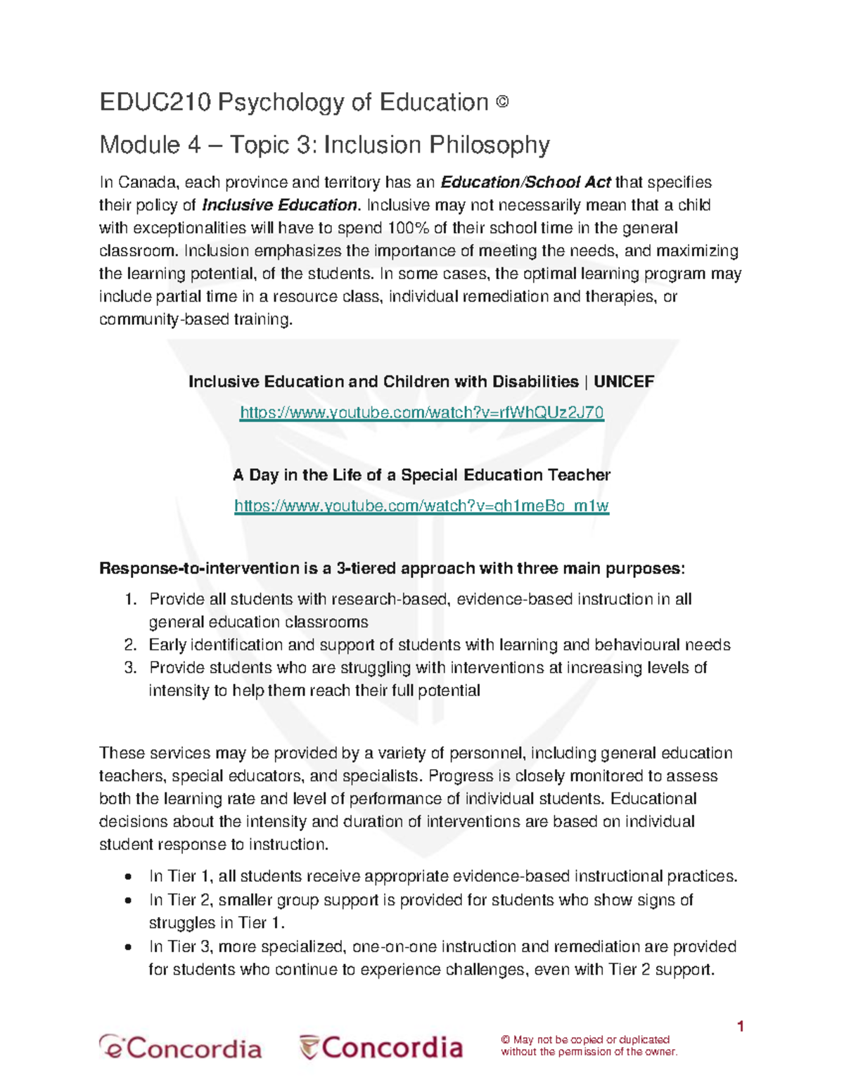 Module 4 - Topic 3 - Inclusion Philosophy (2You Tube) - 1 © May not be copied or duplicated ...