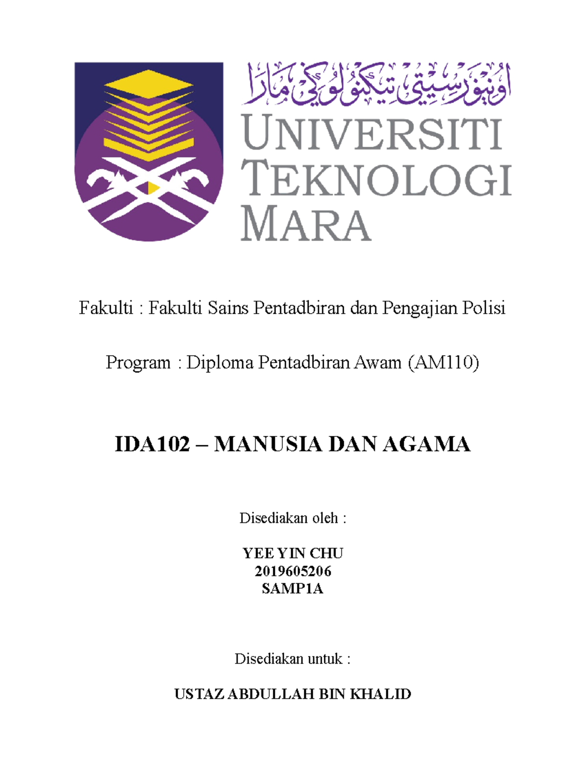 Assignment IDA -sistem kepercayaan agama Islam - Fakulti : Fakulti ...