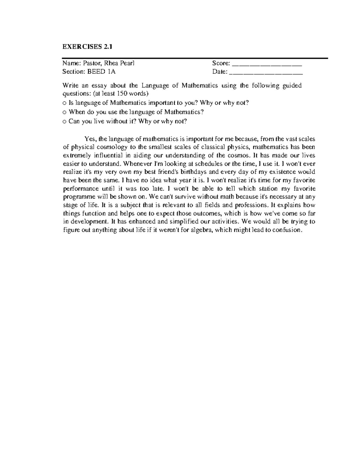 Pastor, RHEA Pearl Exercise 2 - EXERCISES 2. Name: Pastor, Rhea Pearl ...