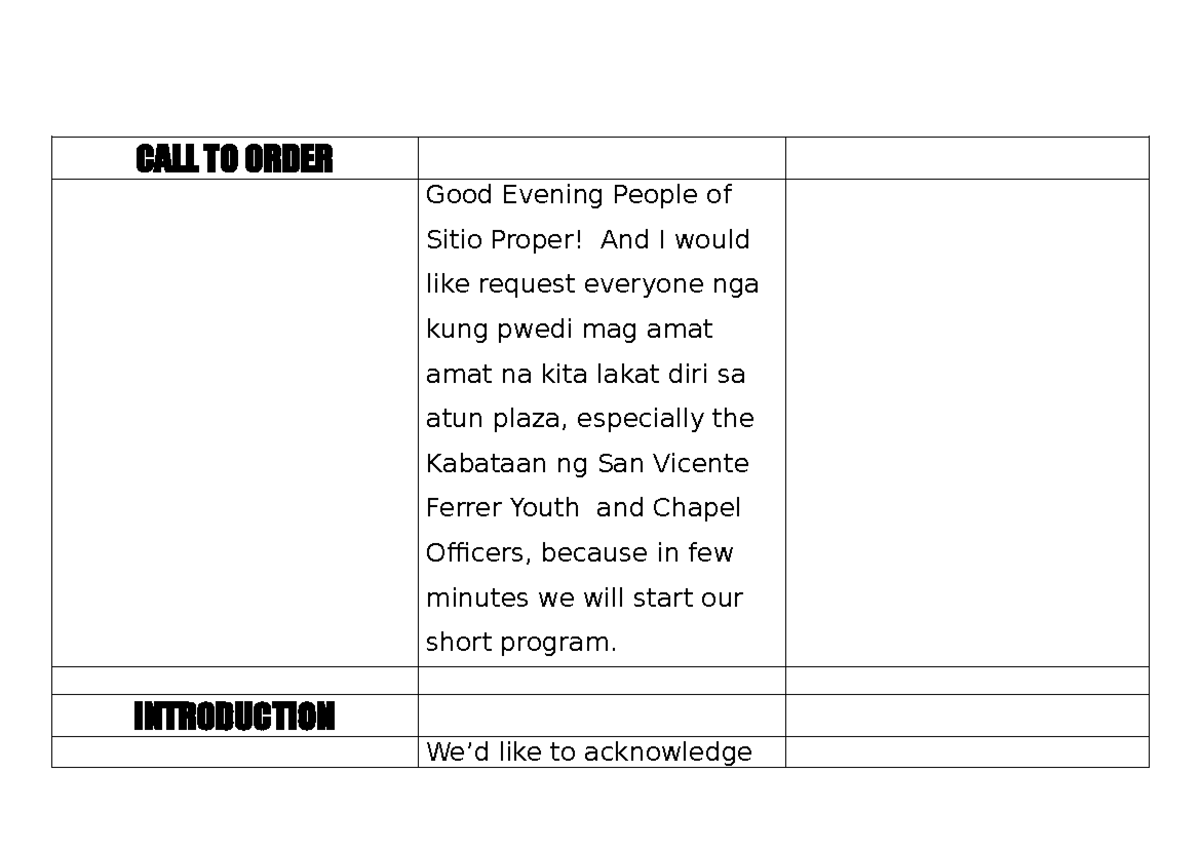 Sitio- Proper- Script - CALL TO ORDER Good Evening People of Sitio ...