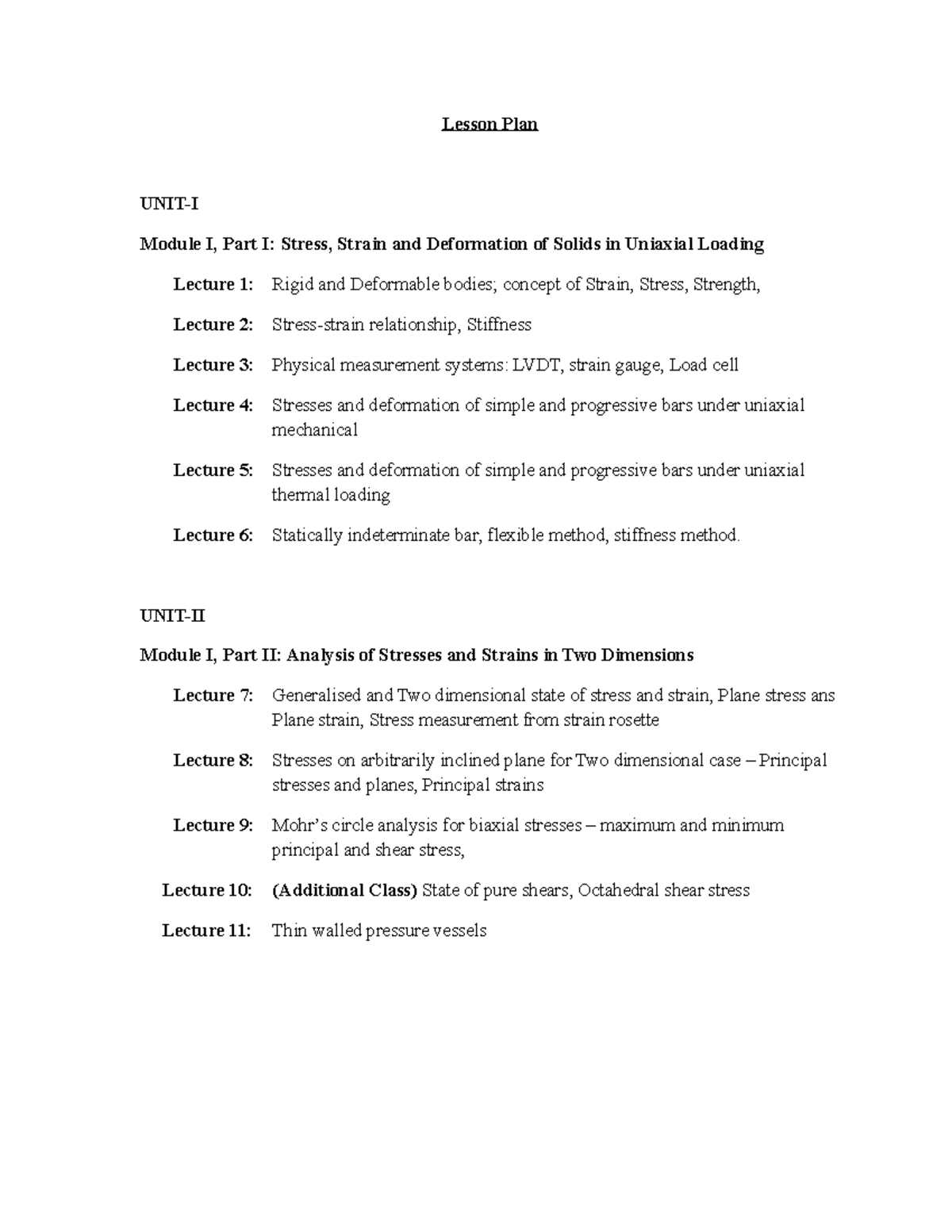 Lesson plan for SOM - Lesson Plan UNIT-I Module I, Part I: Stress ...