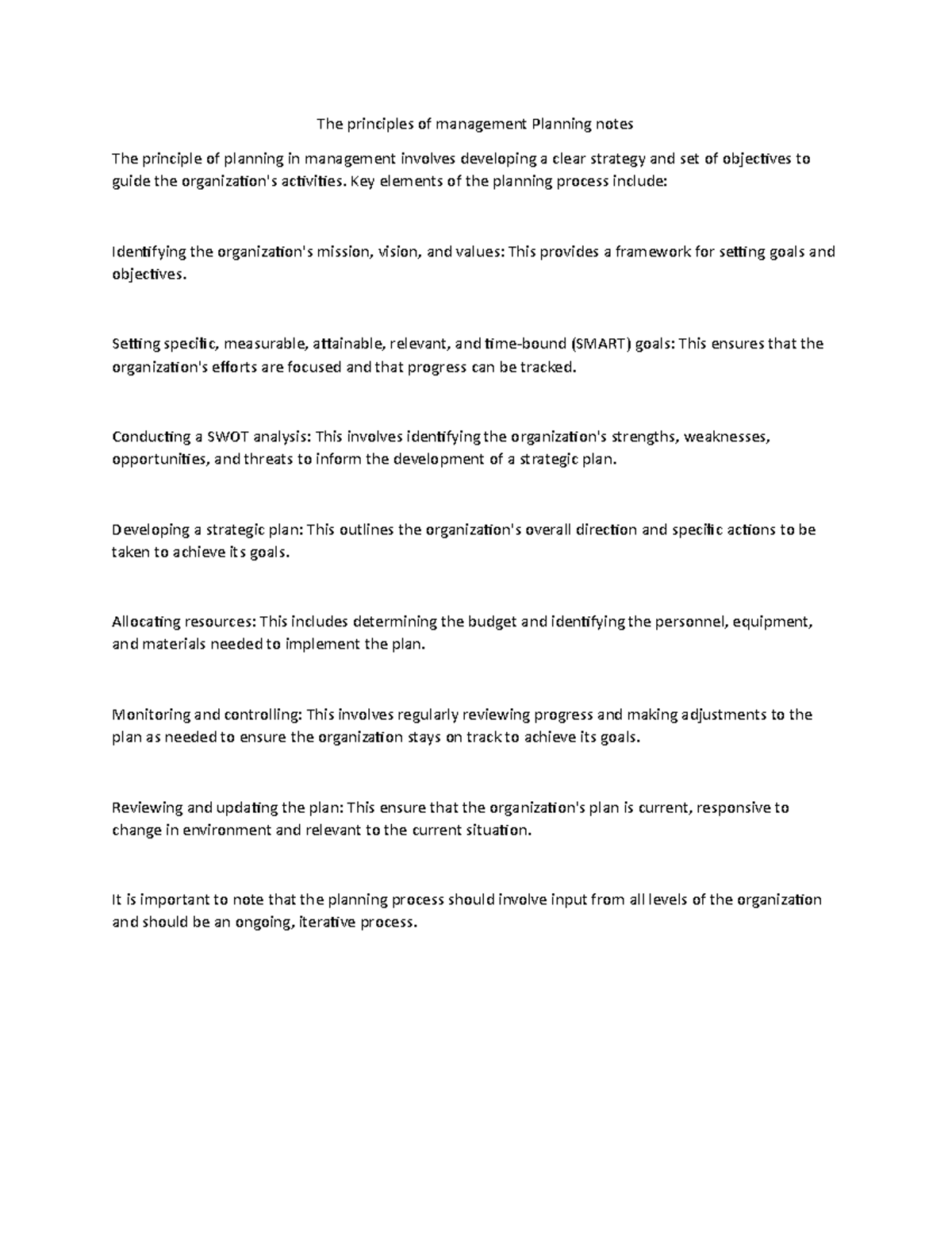 The principles of management Planning notes - Key elements of the ...
