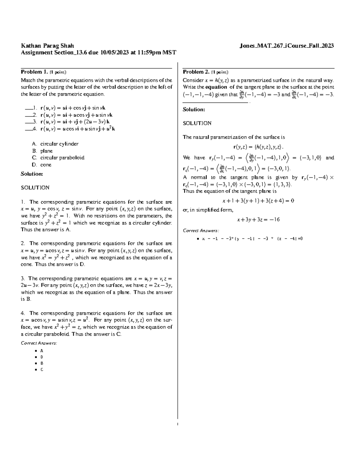 Jones MAT 267 i Course Fall 2023 - Kathan Parag Shah Jones MAT 267 iCourse Fall 2023 Assignment ...