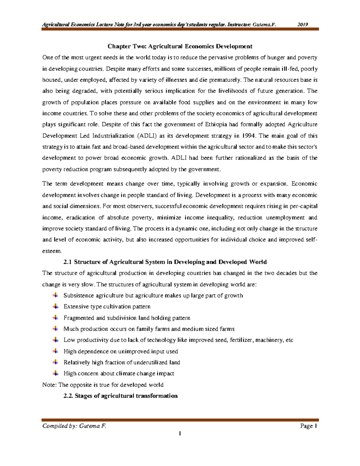 Agr@Chapter 2 - Lecture notes 2 - Compiled by: Gutema F. Page 1 Chapter ...