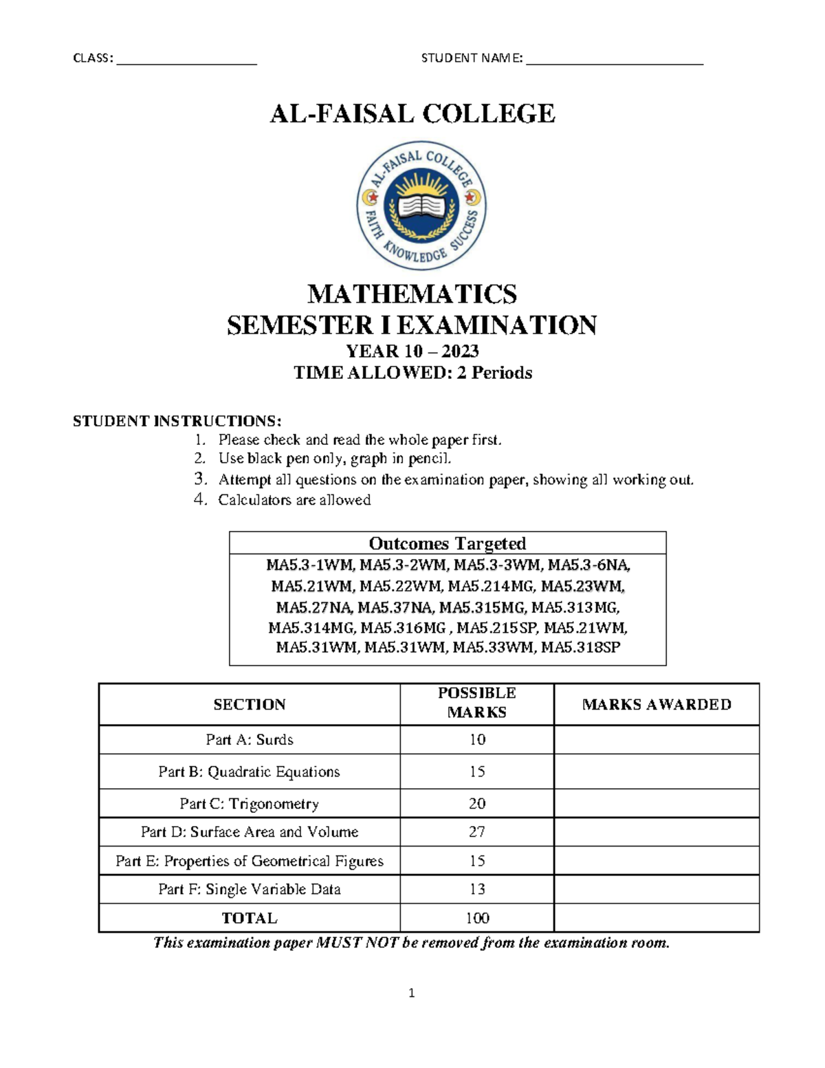 Semester 1 Year 10 Maths - AL-FAISAL COLLEGE MATHEMATICS SEMESTER I ...