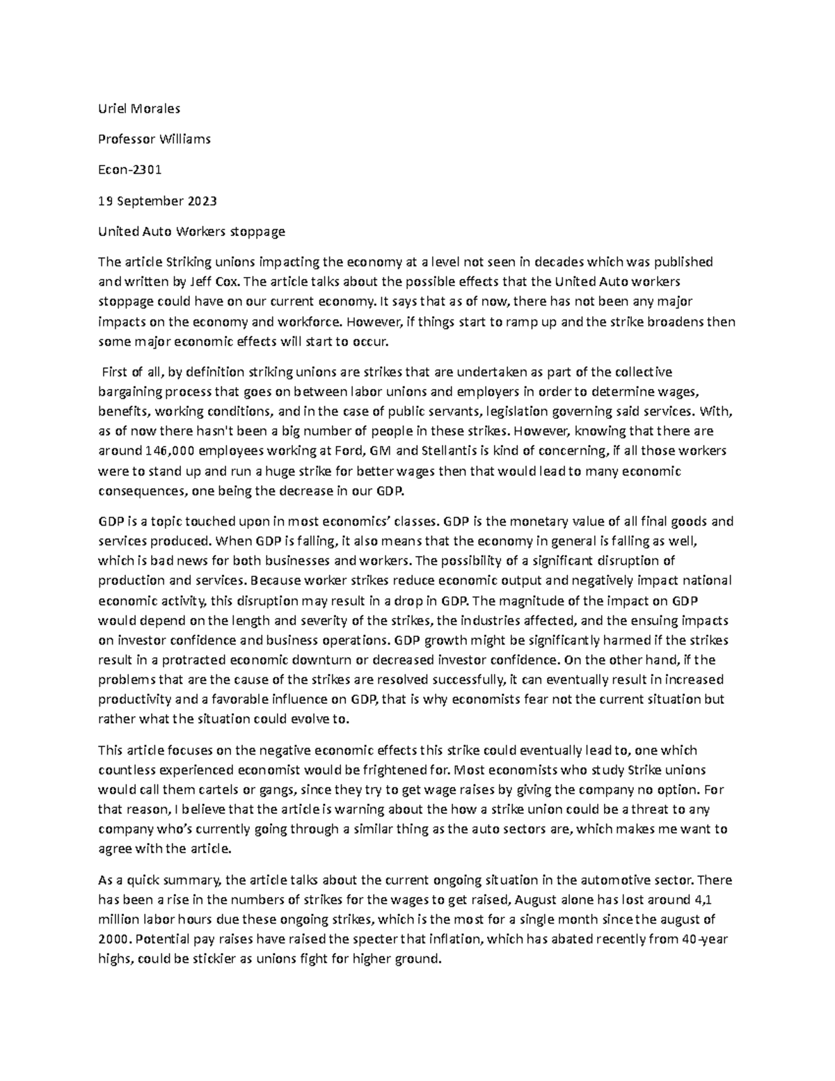 Current events - Uriel Morales Professor Williams Econ- 19 September ...