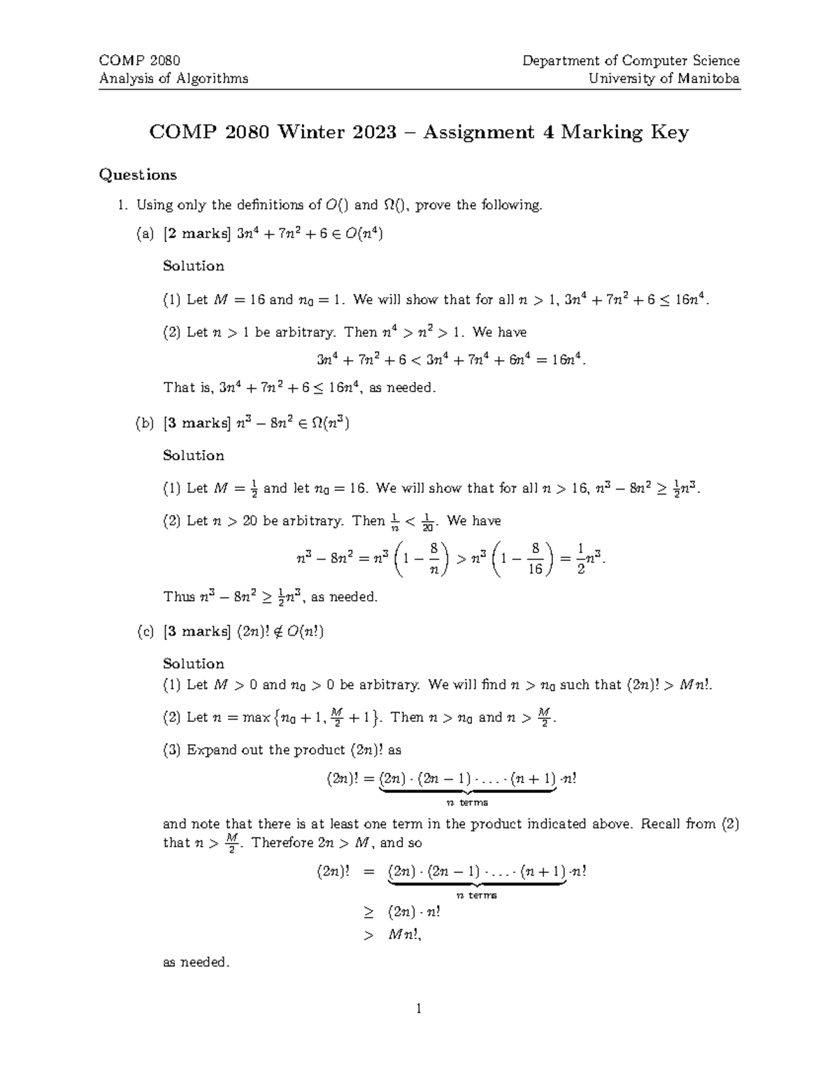 COMP2080 A4 Winter 2023 sol - Analysis of Algorithms University of Manitoba COMP 2080 Winter ...