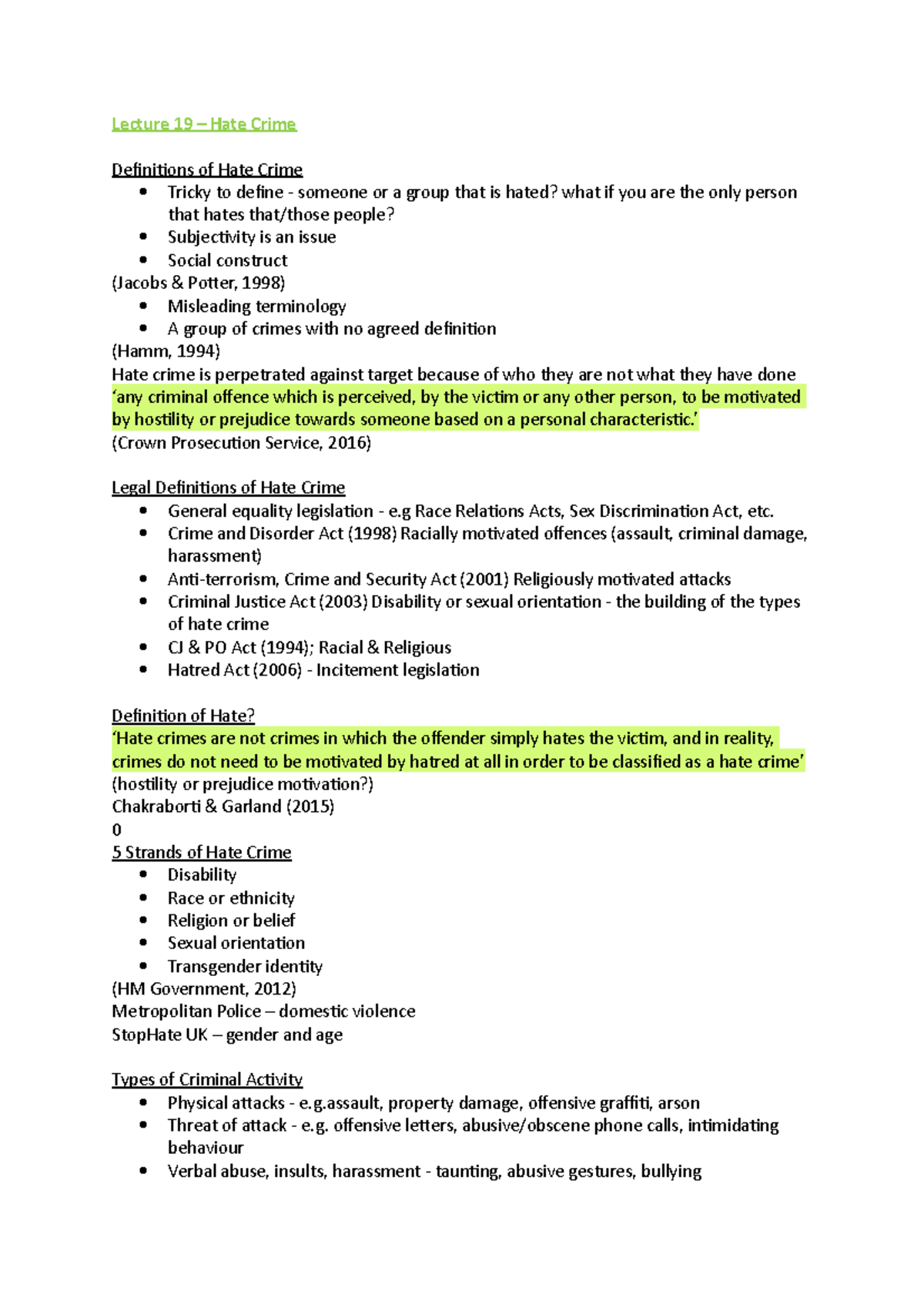 Lecture 19 - Hate Crime Notes - Lecture 19 – Hate Crime Definitions of ...