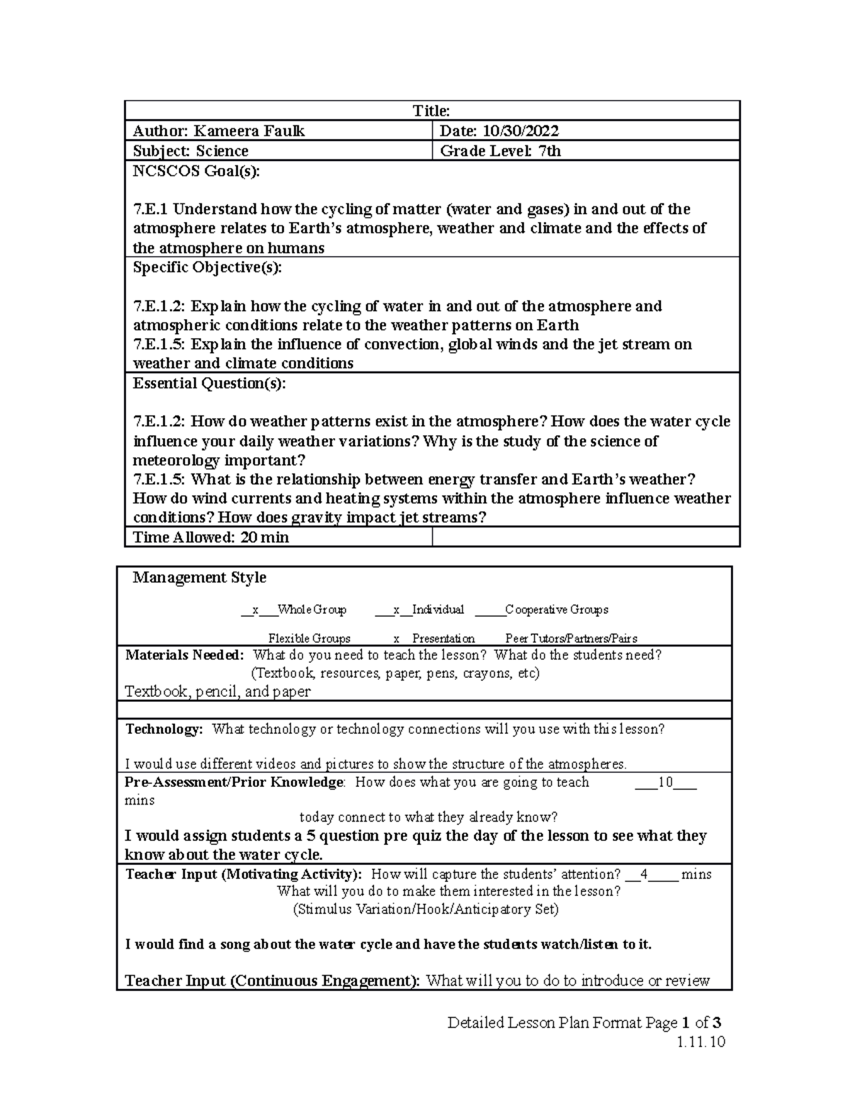 Lesson Two - Title: Author: Kameera Faulk Date: 10/30/ Subject: Science ...