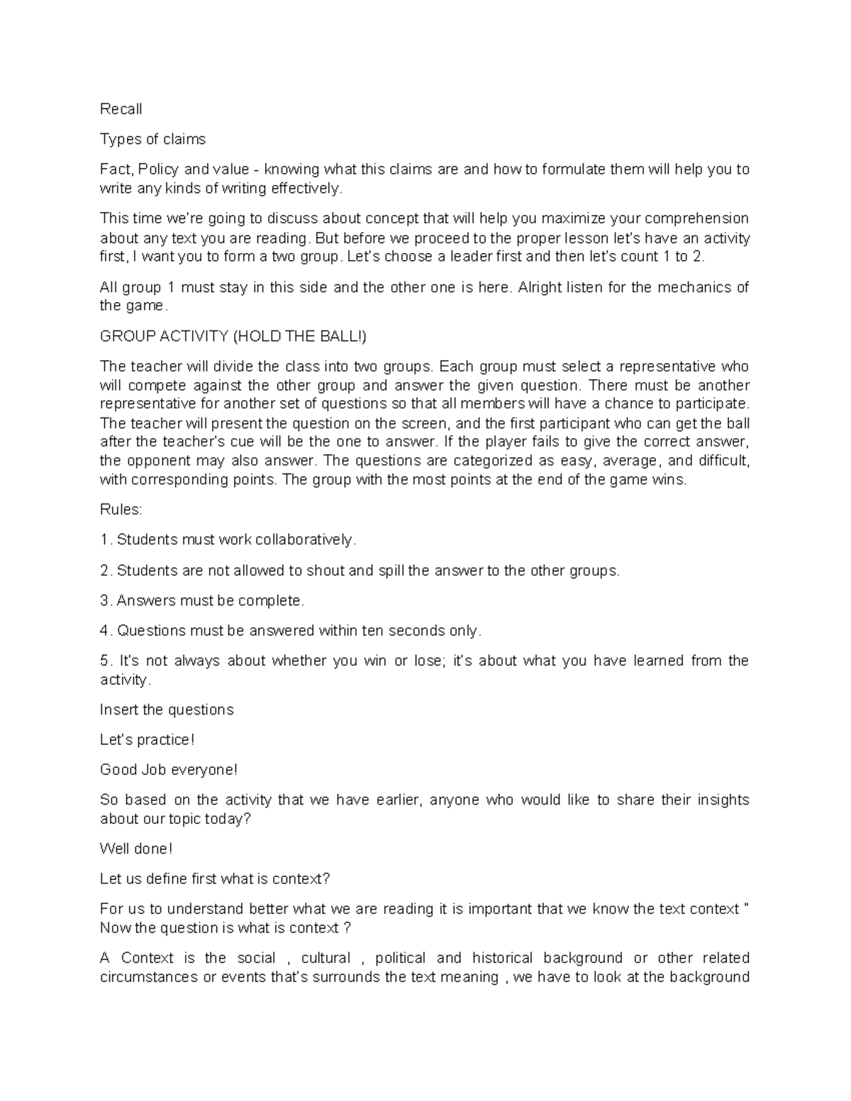 RWS Lesson 1 FOR Discussion - Recall Types of claims Fact, Policy and ...