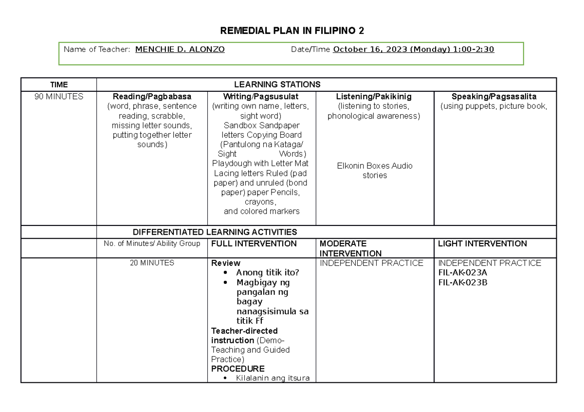Remedial-PLAN Filipino WEEK-6 - REMEDIAL PLAN IN FILIPINO 2 TIME ...
